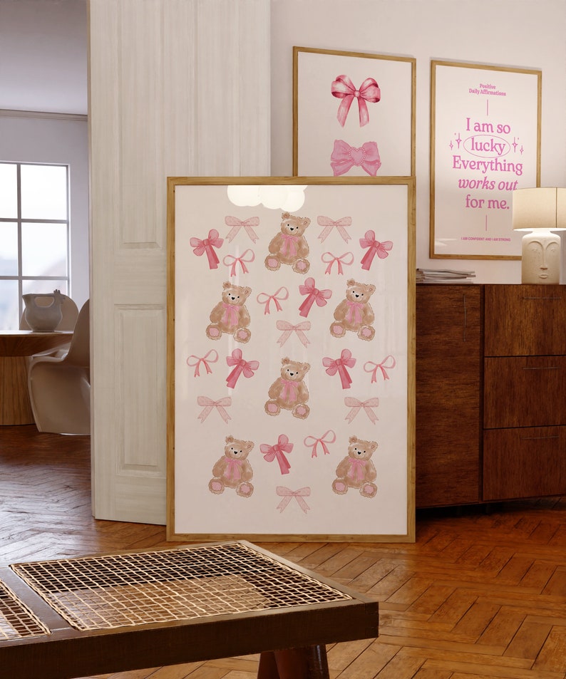 Trendy Pink Bows Cute Teddy Bears Poster, Coquette Room Decor, Bow ...