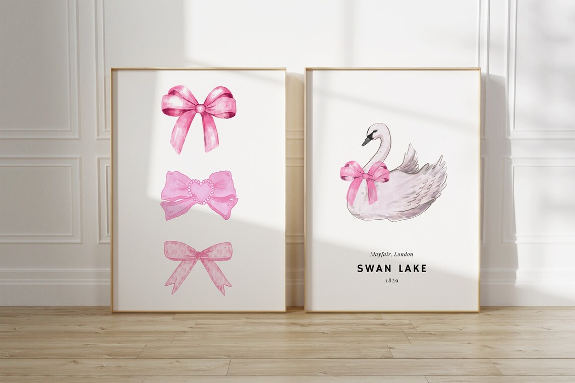 Trendy Pink Bows Swan Wall Art Set of 2, Coquette Room Decor Bows Print ...