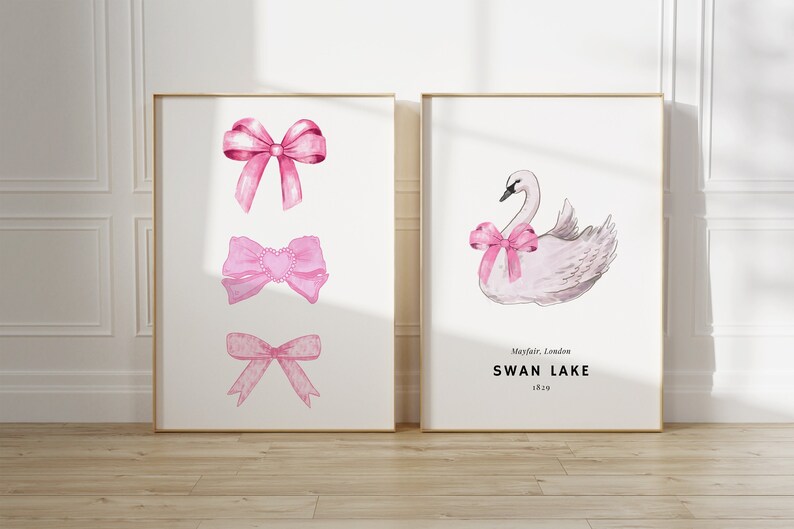 Trendy Pink Bows Swan Wall Art Set of 2, Coquette Room Decor Bows Print ...