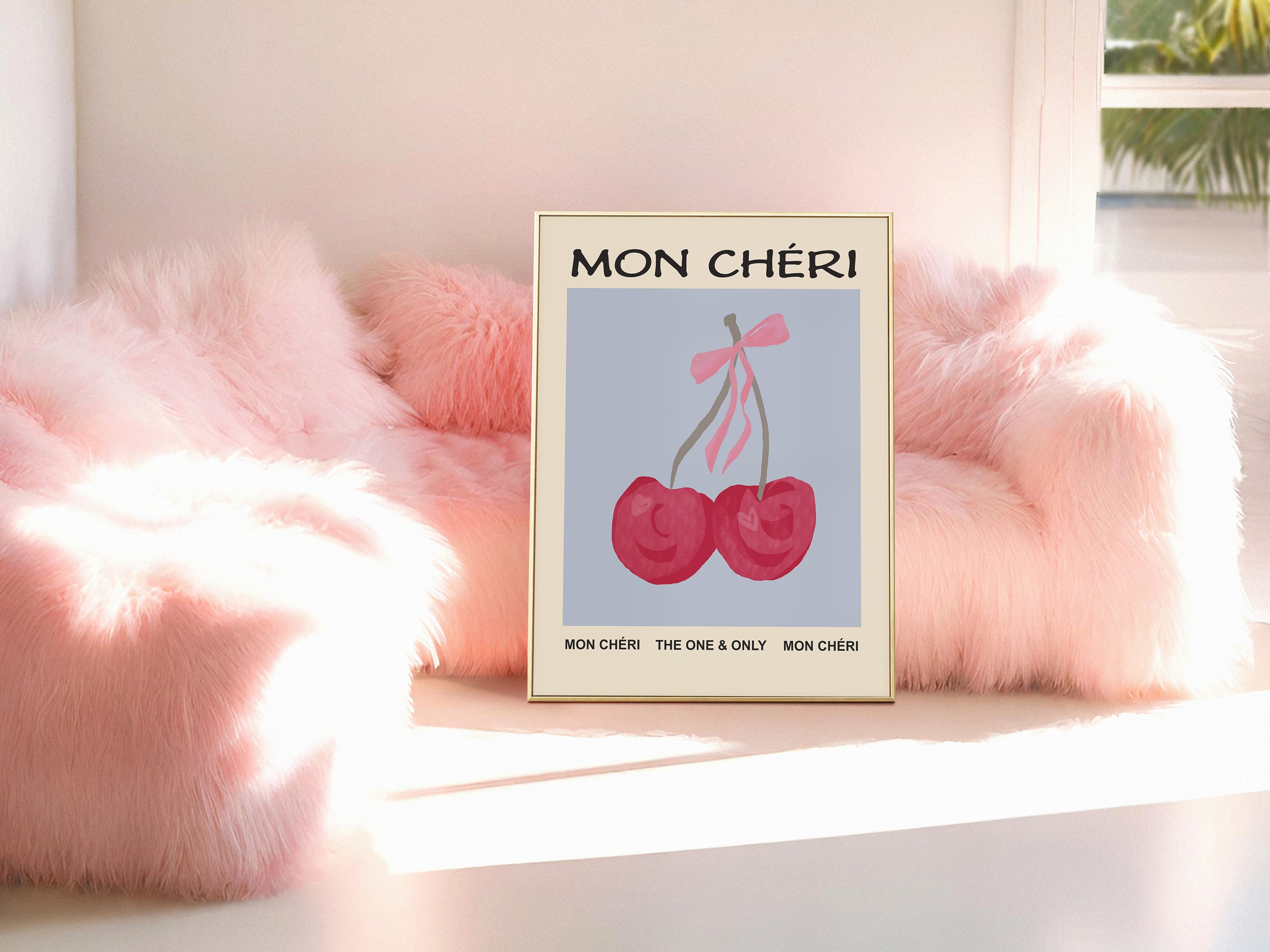 Cherry Wall Art Print, Mon Cheri Poster, Coquette Pink Bow Soft Girl ...