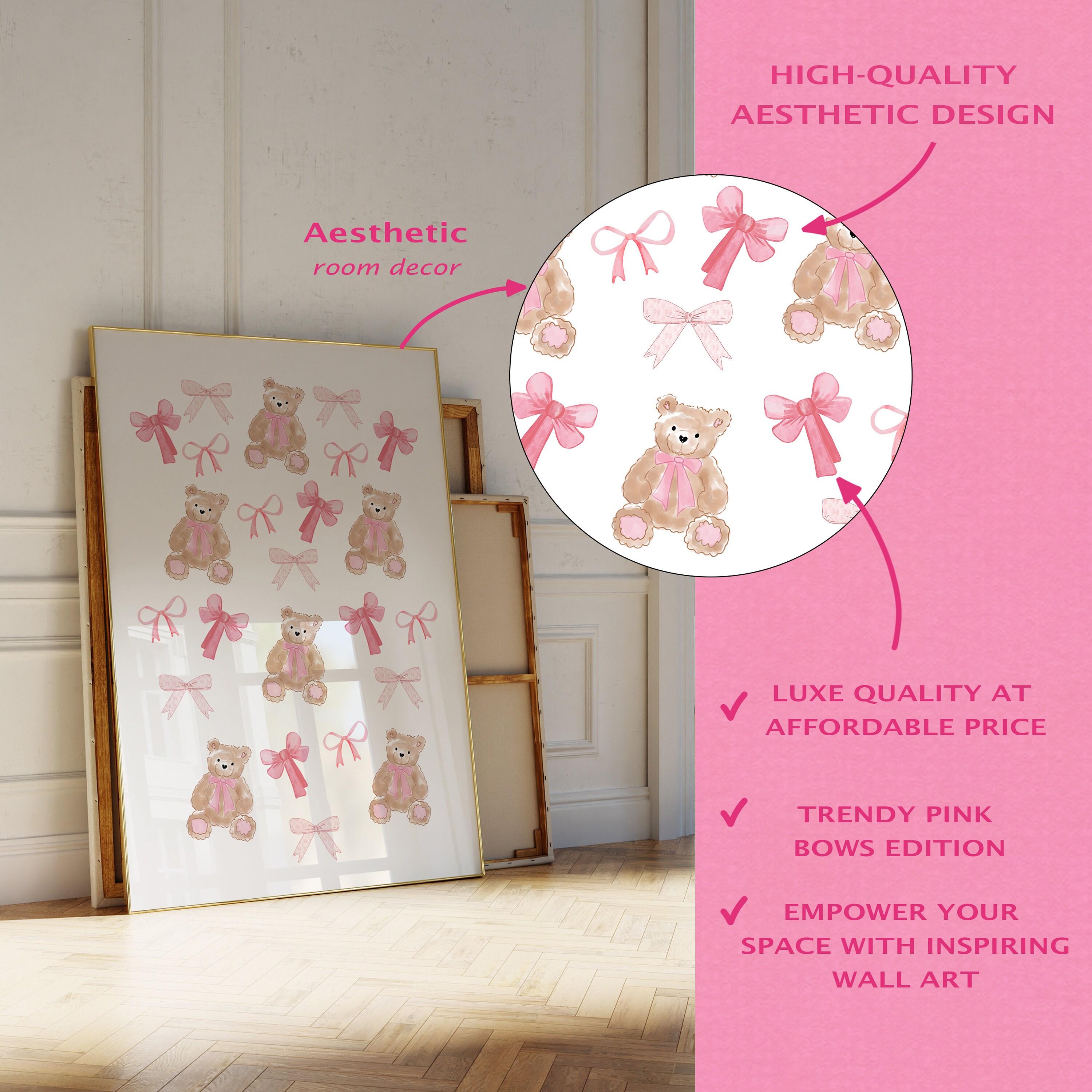 Trendy Pink Bows Cute Teddy Bears Poster, Coquette Room Decor, Bow ...