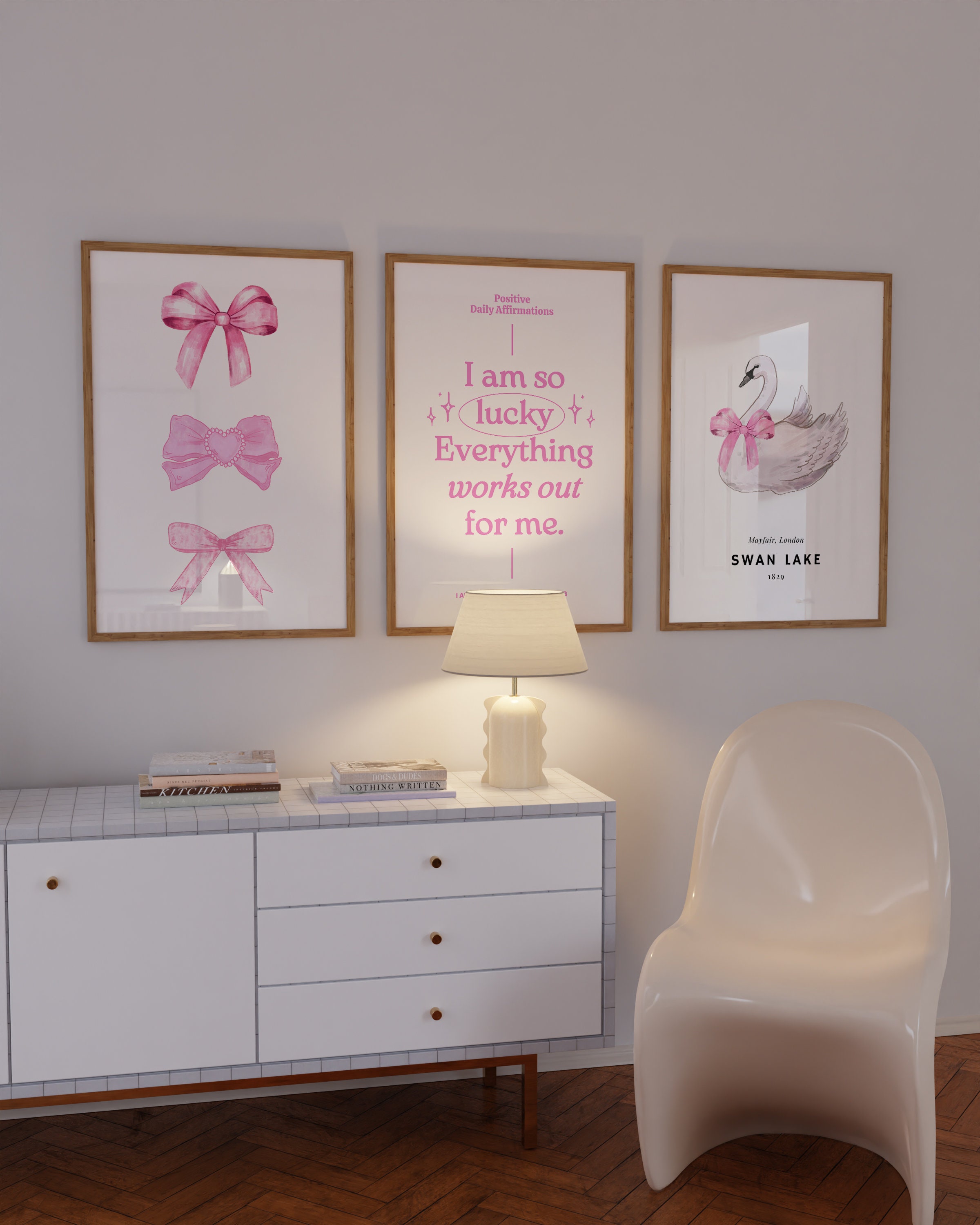 Trendy Pink Bows Wall Art Set of 3, Coquette Room Decor, Swan Coquette ...