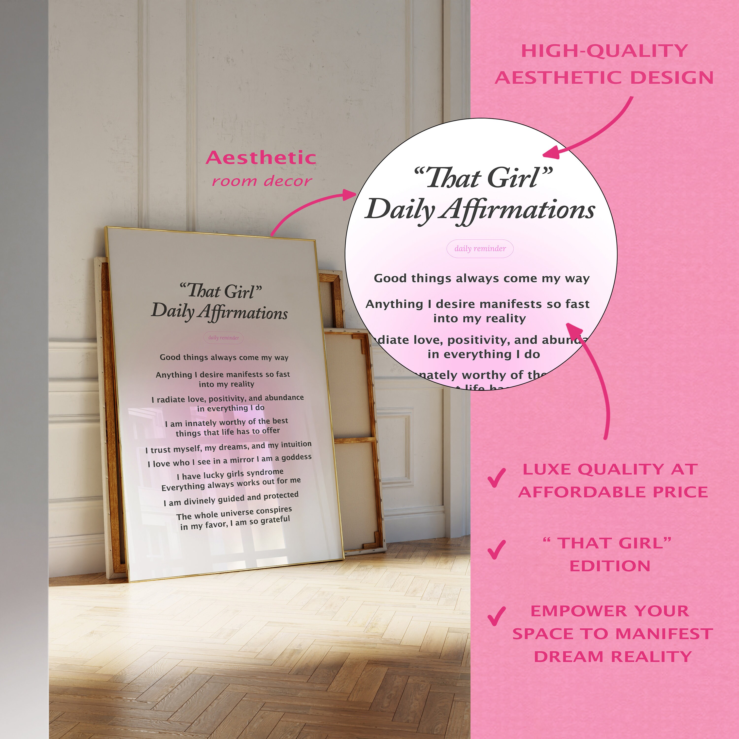Pink Daily Affirmations Wall Art Trendy Poster Girly Aesthetic Bedroom ...