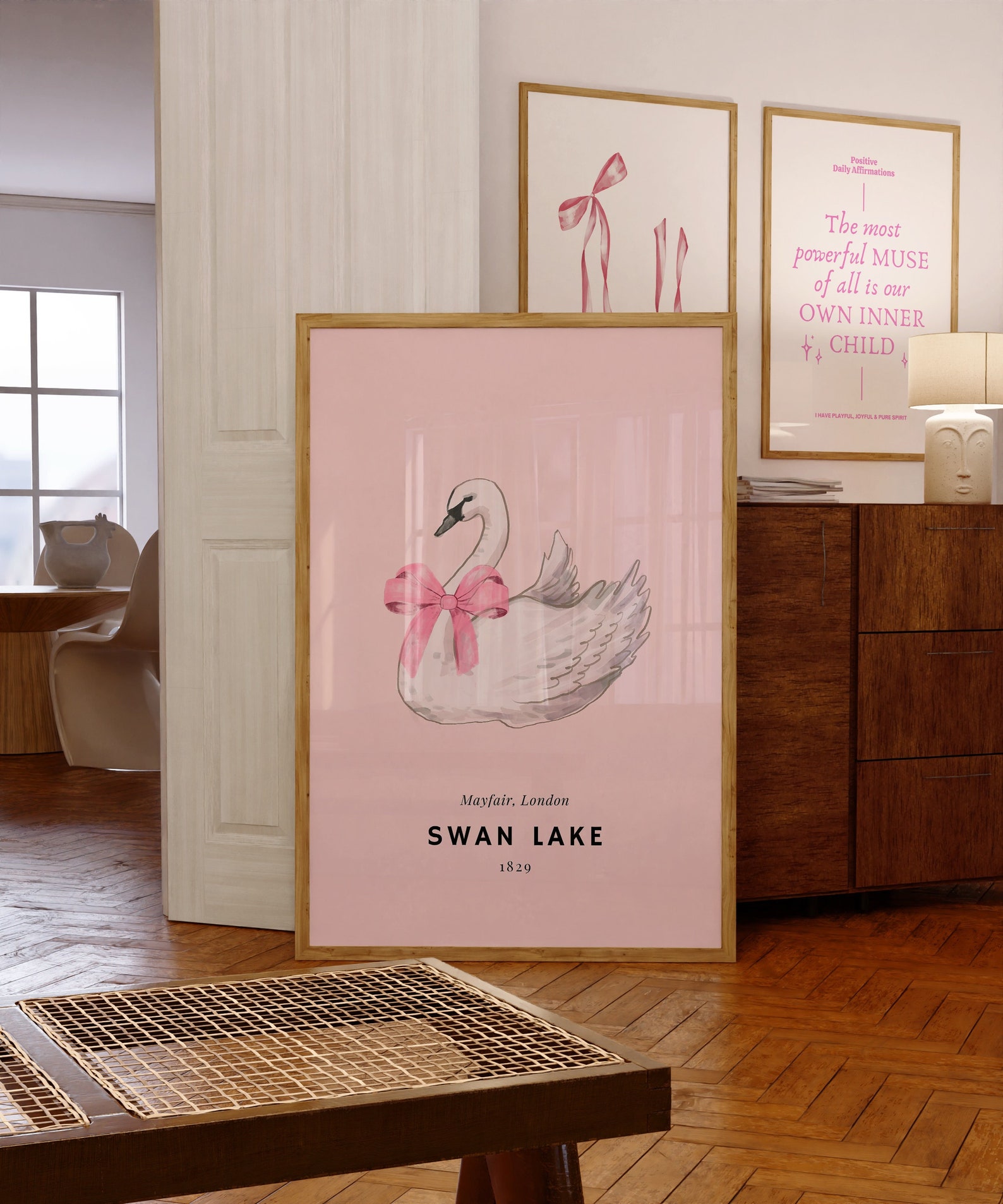 Trendy Coquette Swan With A Pink Bow Wall Art, Coquette Room Decor ...