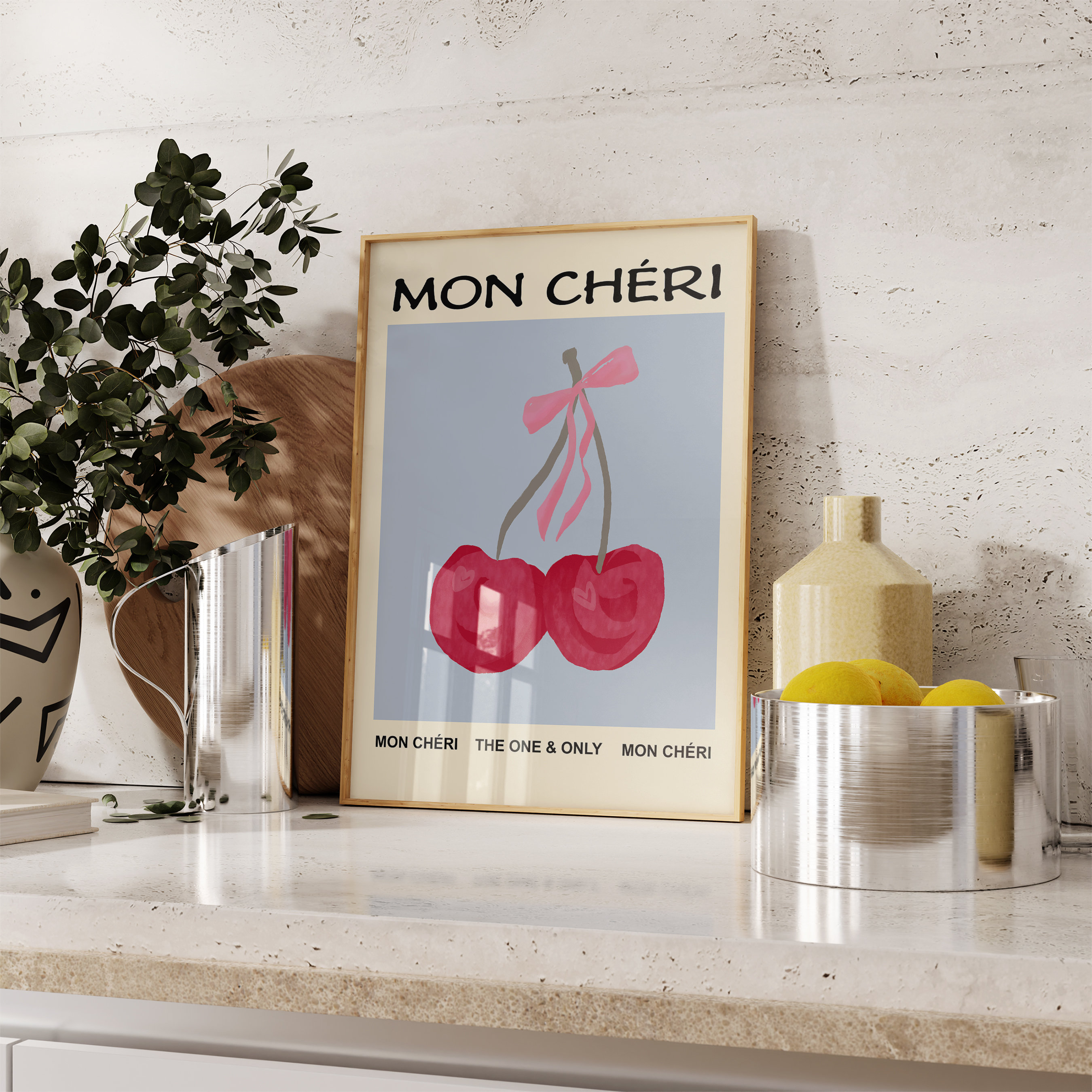 Cherry Wall Art Print, Mon Cheri Poster, Coquette Pink Bow Soft Girl Bedroom Decor, Trendy Wall ...