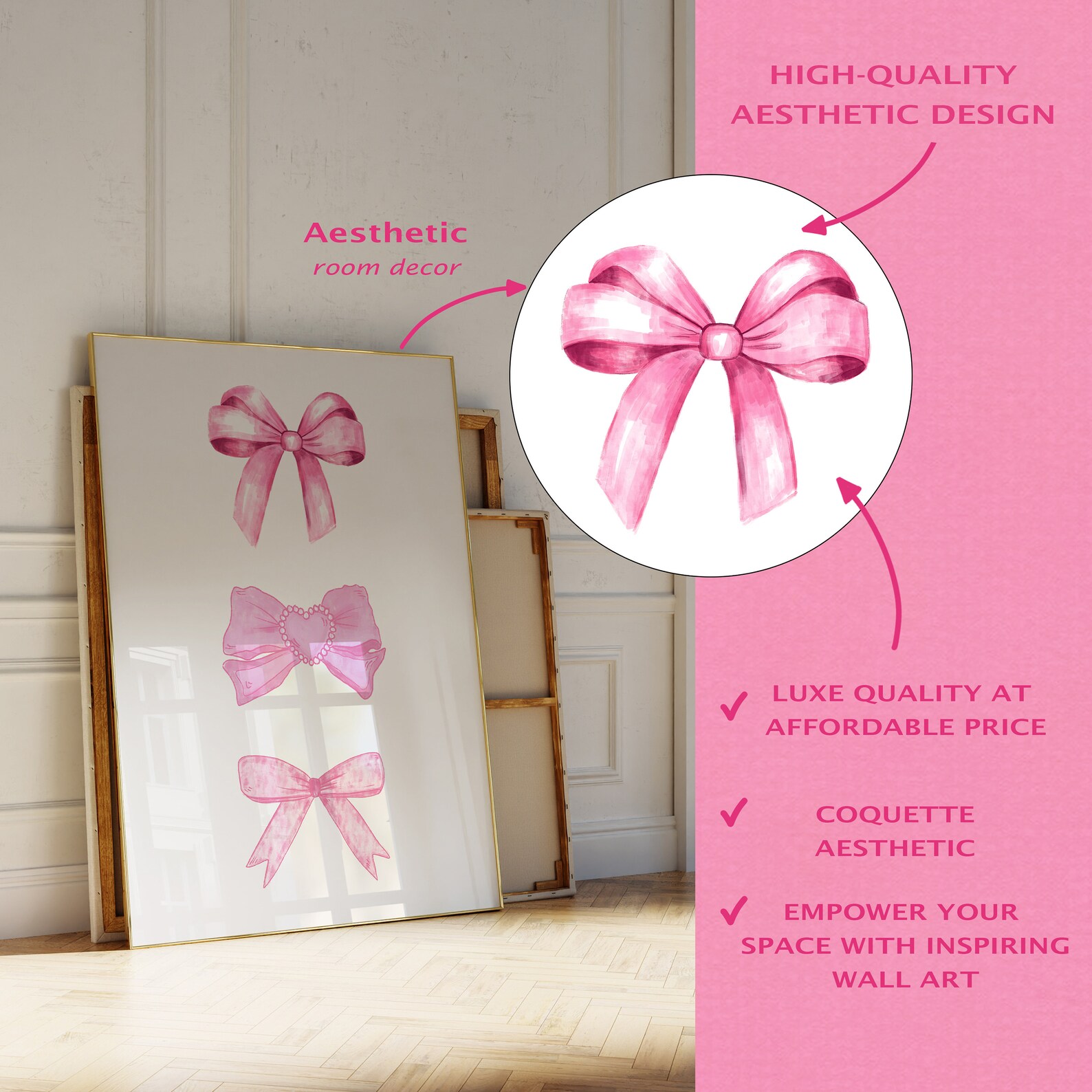 Trendy Pink Bows Wall Art Set of 3, Coquette Room Decor, Swan Coquette ...