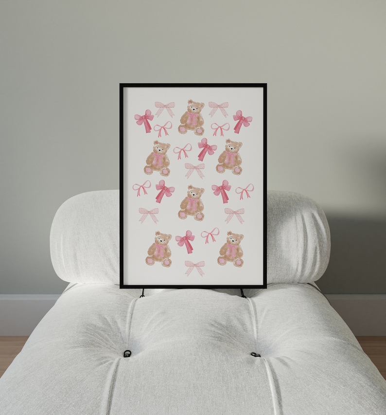 Trendy Pink Bows Cute Teddy Bears Poster, Coquette Room Decor, Bow ...