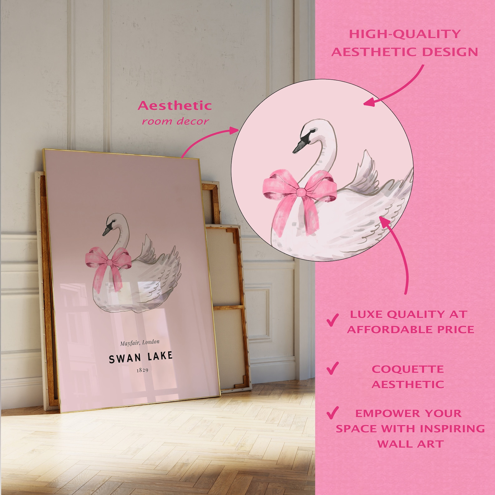 Trendy Coquette Swan With A Pink Bow Wall Art, Coquette Room Decor ...