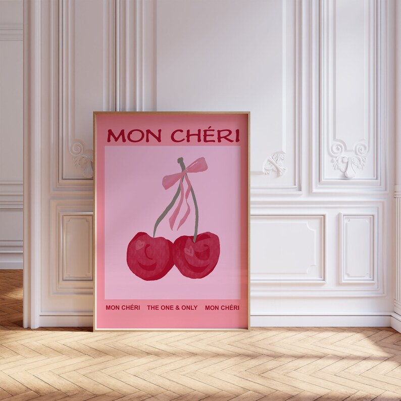 Cherry Wall Art Print, Mon Cheri Poster, Coquette Pink Bow Soft Girl ...