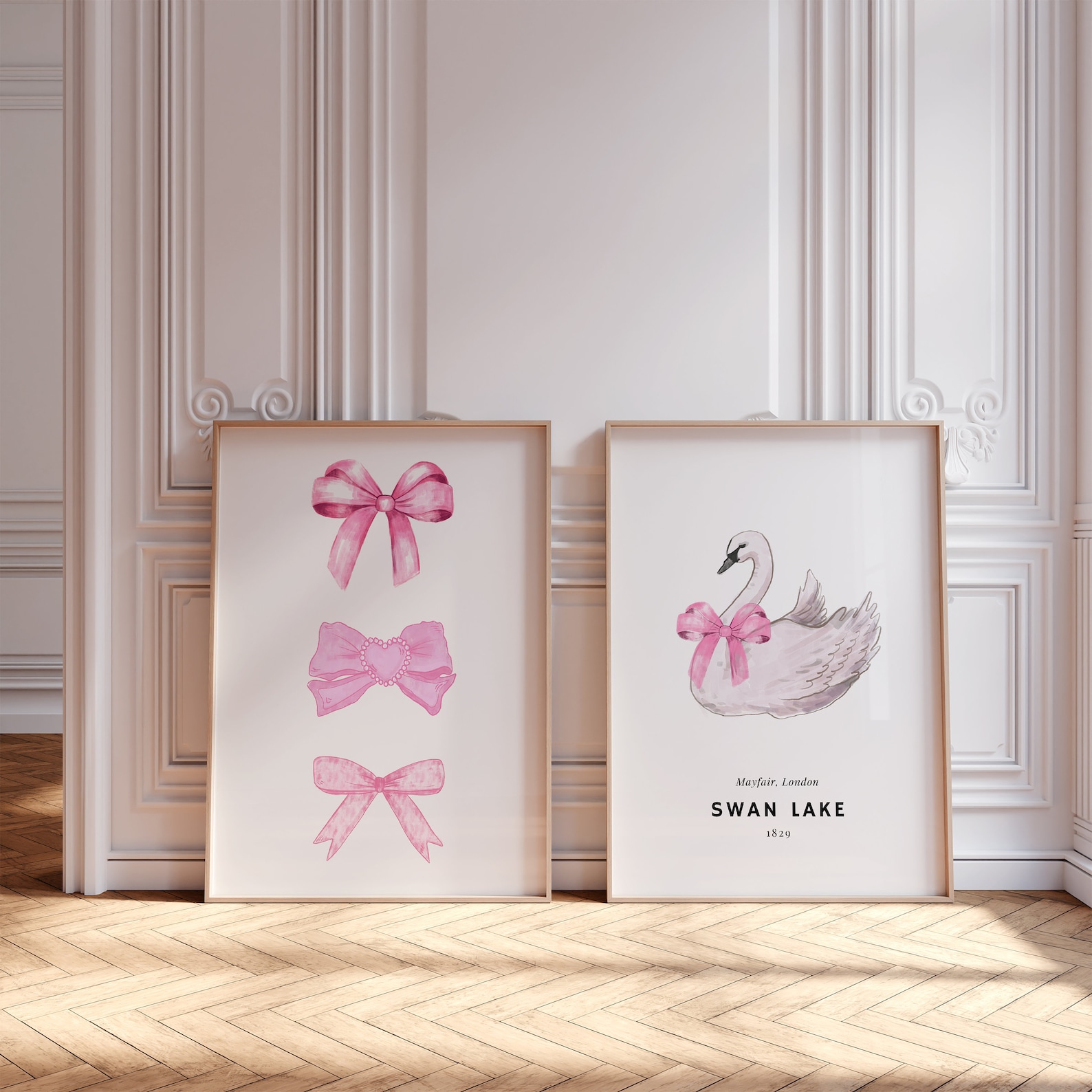 Trendy Pink Bows Swan Wall Art Set of 2, Coquette Room Decor Bows Print ...