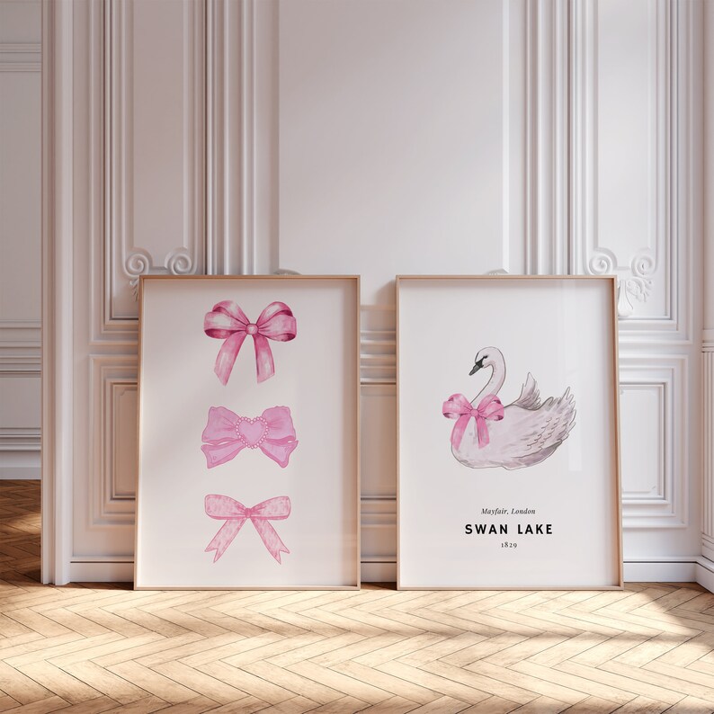 Trendy Pink Bows Swan Wall Art Set of 2, Coquette Room Decor Bows Print ...