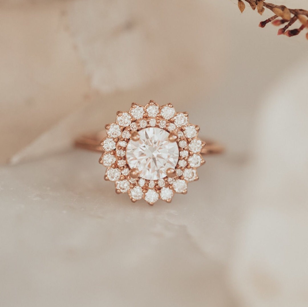 1.3 CT Starburst Round Moissanite Celestial Engagement Ring Rose Gold ...