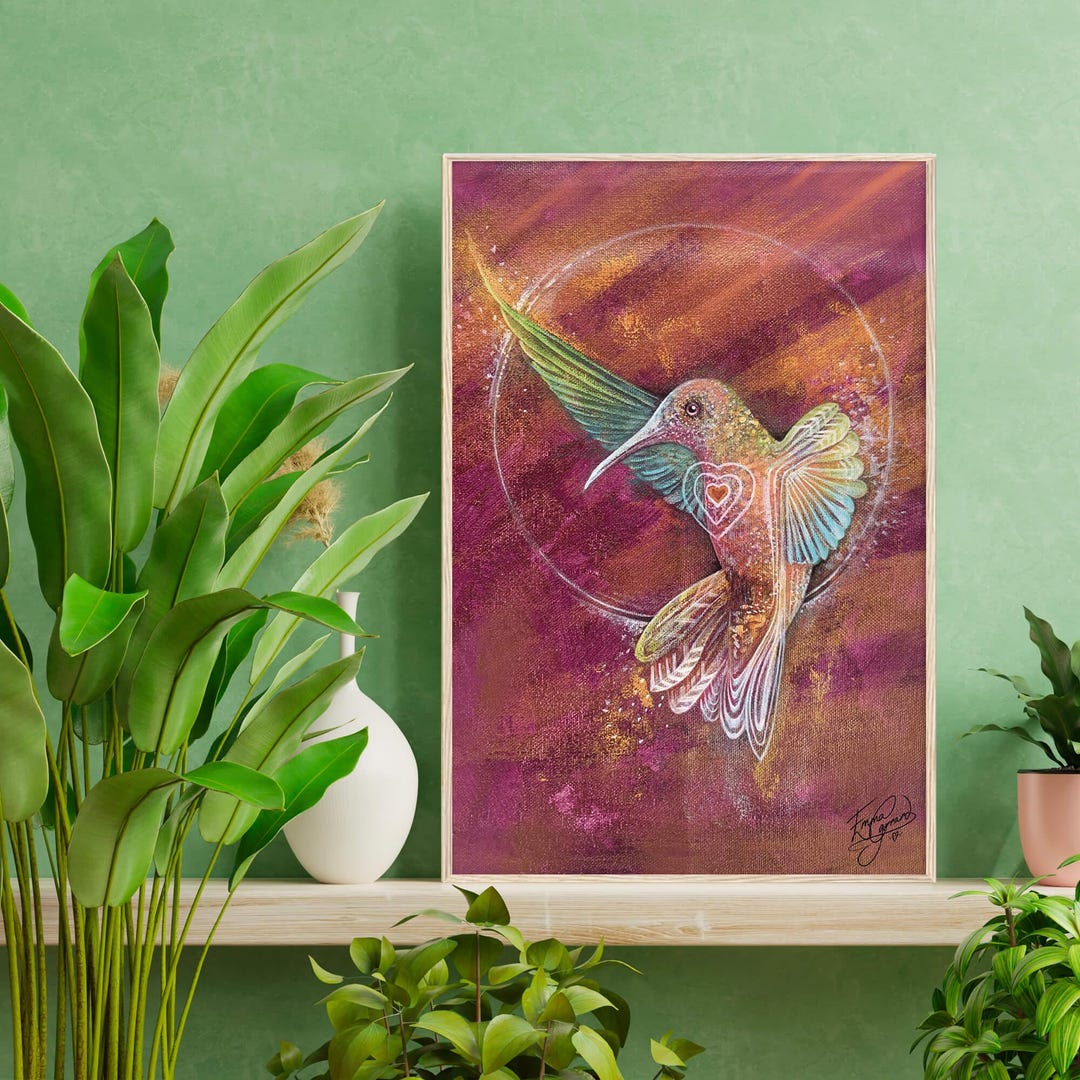 Framed Hummingbird Wall Art Print, Colorful Hummingbird With Heart ...