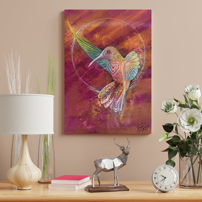 Bird Original Wall Art on Canvas Hummingbird With Heart - Etsy