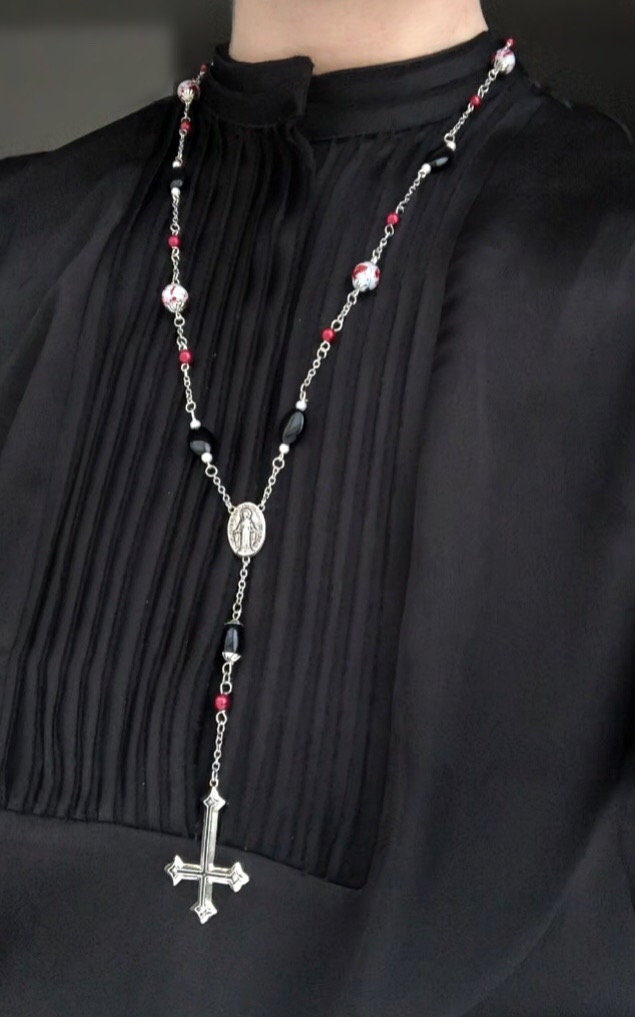 Inverted Cross Rosary Necklace Silver and Red - Etsy