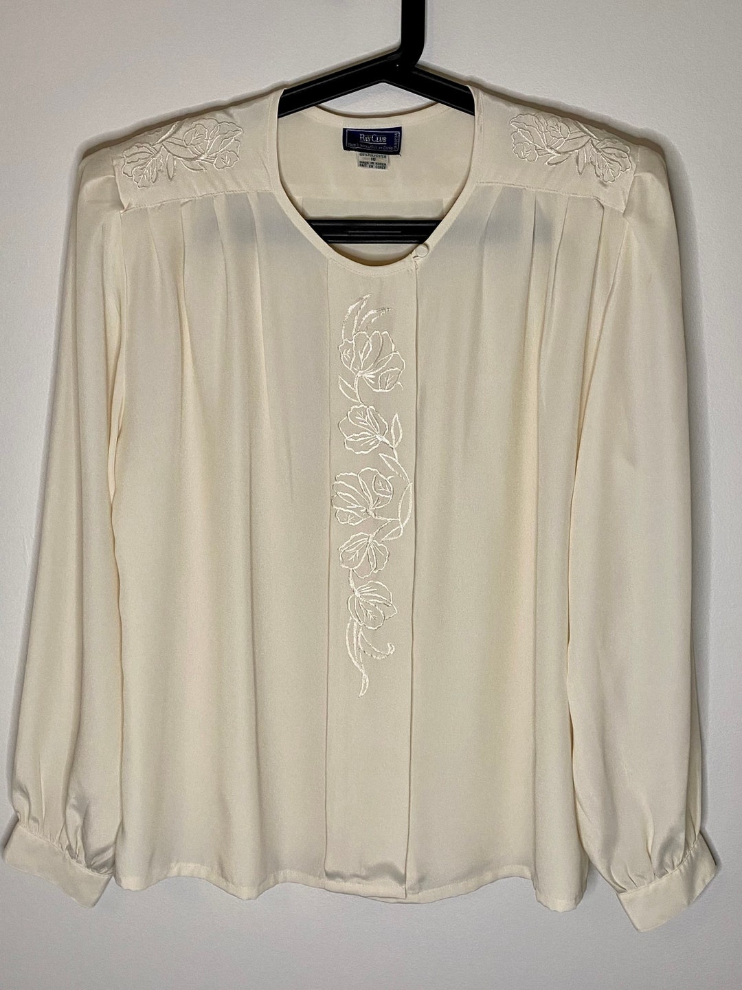 1980s Vintage Cream Sheer Blouse With Floral Embroidery Plus Size Bay ...
