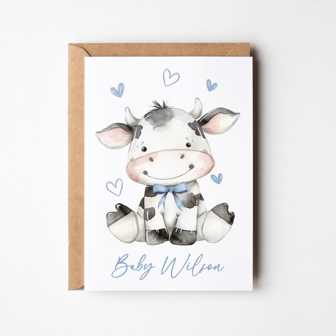 Baby Boy Card, Blue Cow, Personalized, Inside Message Options - Etsy
