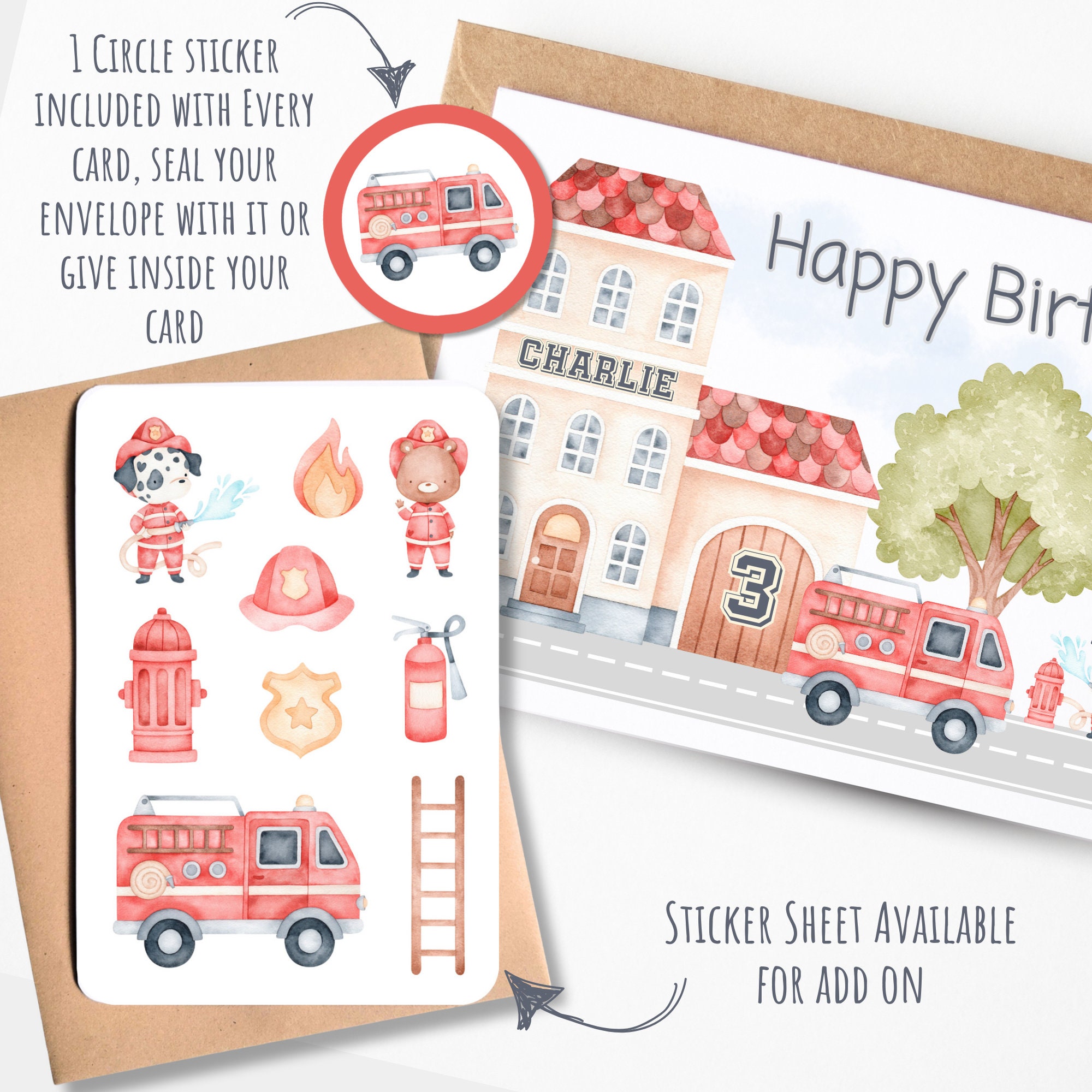 Firetruck Birthday Card ANY Age 1st 2nd 3rd 4th Birthday Card Stickers ...