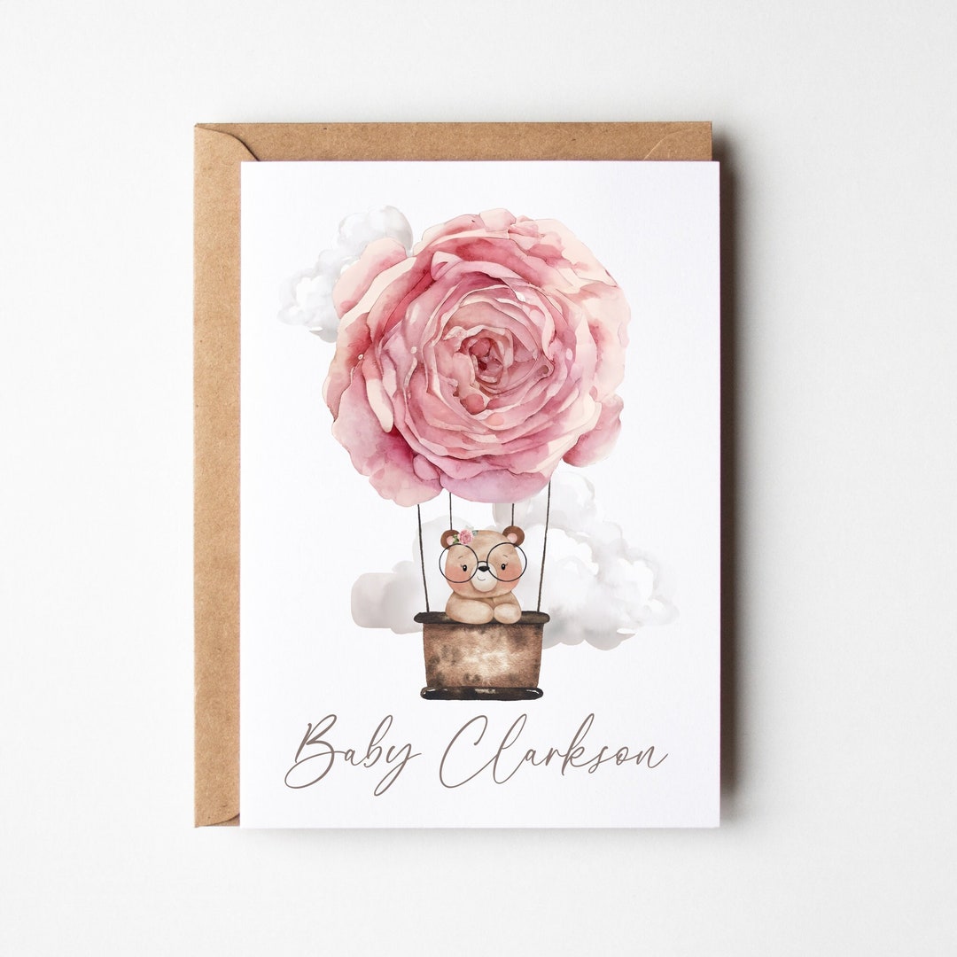 New Baby Personalized Bear Card, Girl Baby Shower Card, Welcome Baby ...