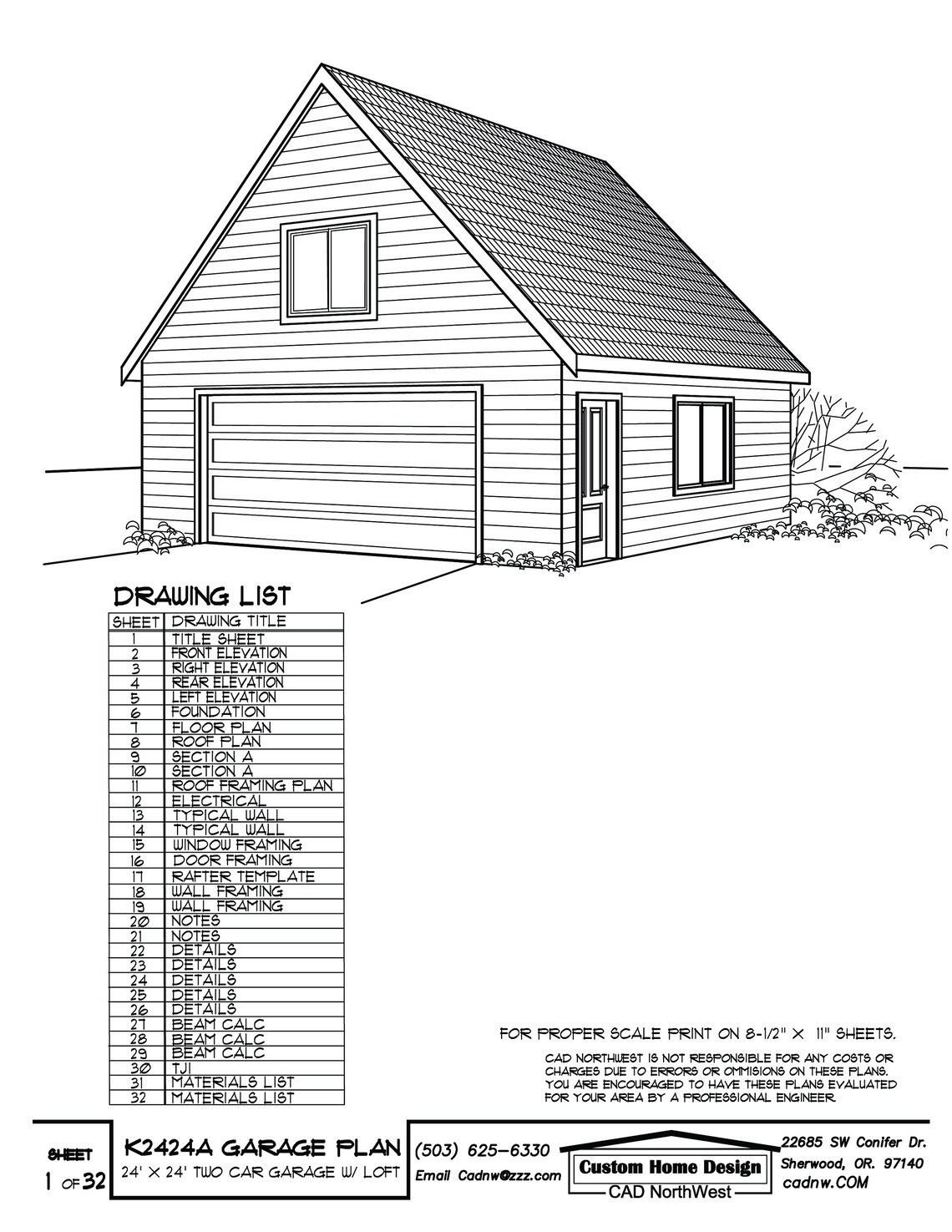 24' X 24' Detached, Two Car Garage With Loft, Including Floor Plans ...