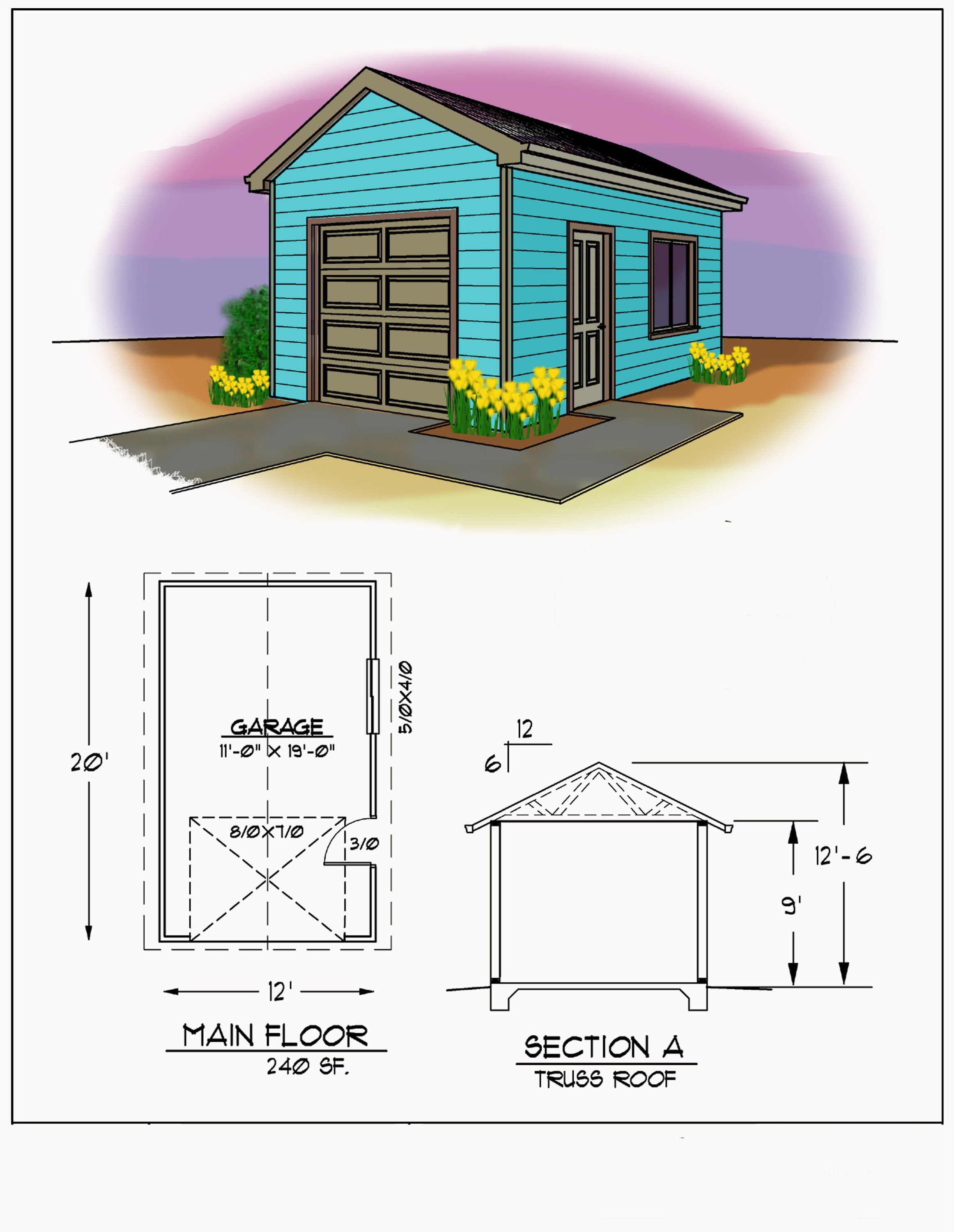 12' X 20' One Car Garage Plans - Etsy