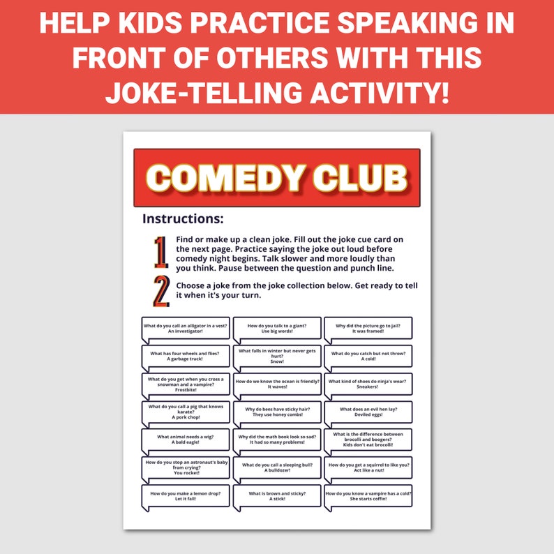 Kids Comedy Club Activity, Jokes for Kids, Printable Jokes, Jokes for ...