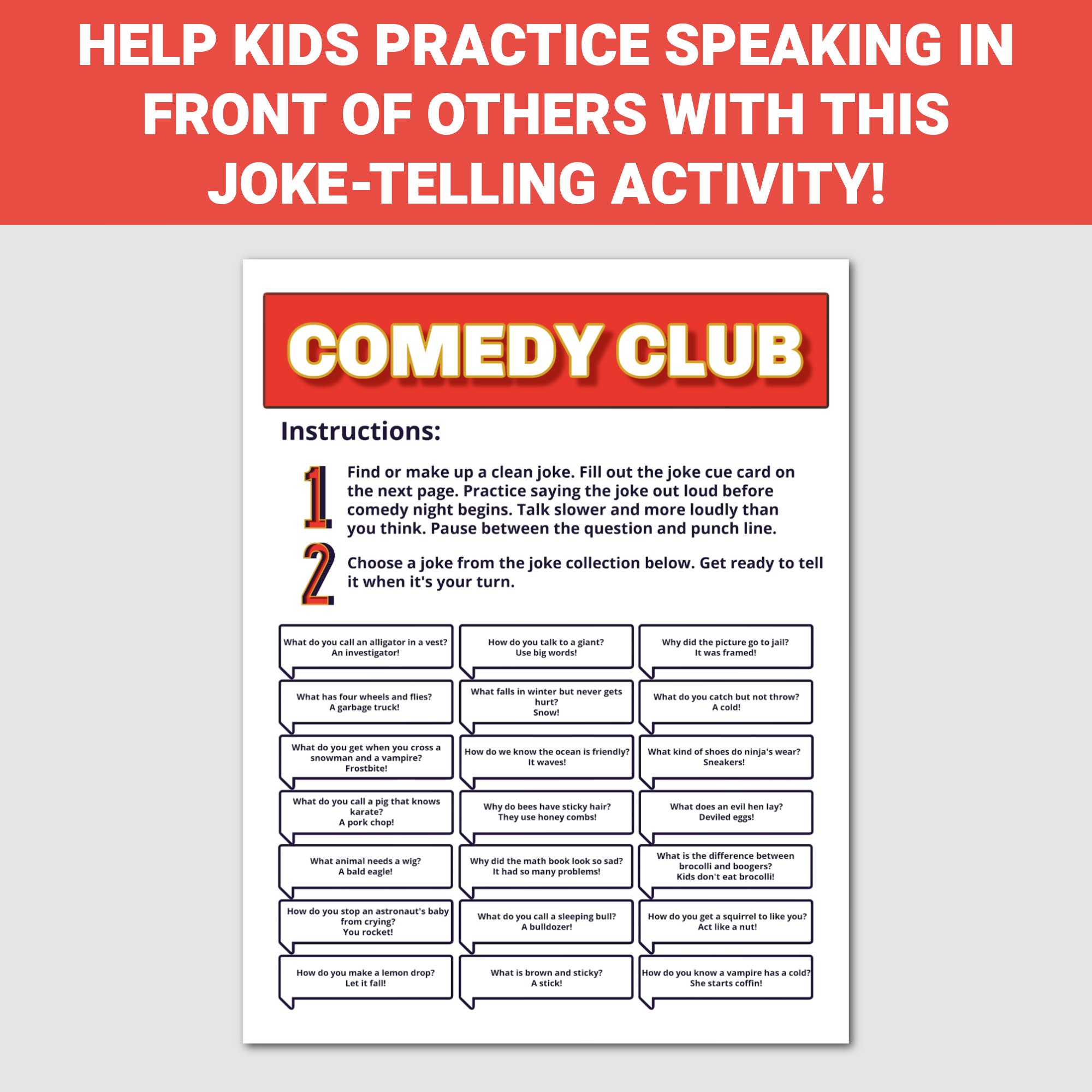 Kids Comedy Club Activity Jokes for Kids Printable Jokes | Etsy