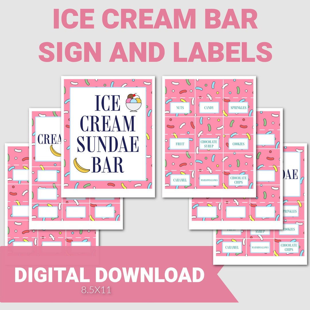 Ice Cream Bar Sign and Topping Labels, Ice Cream Bar Sprinkles, Pink ...