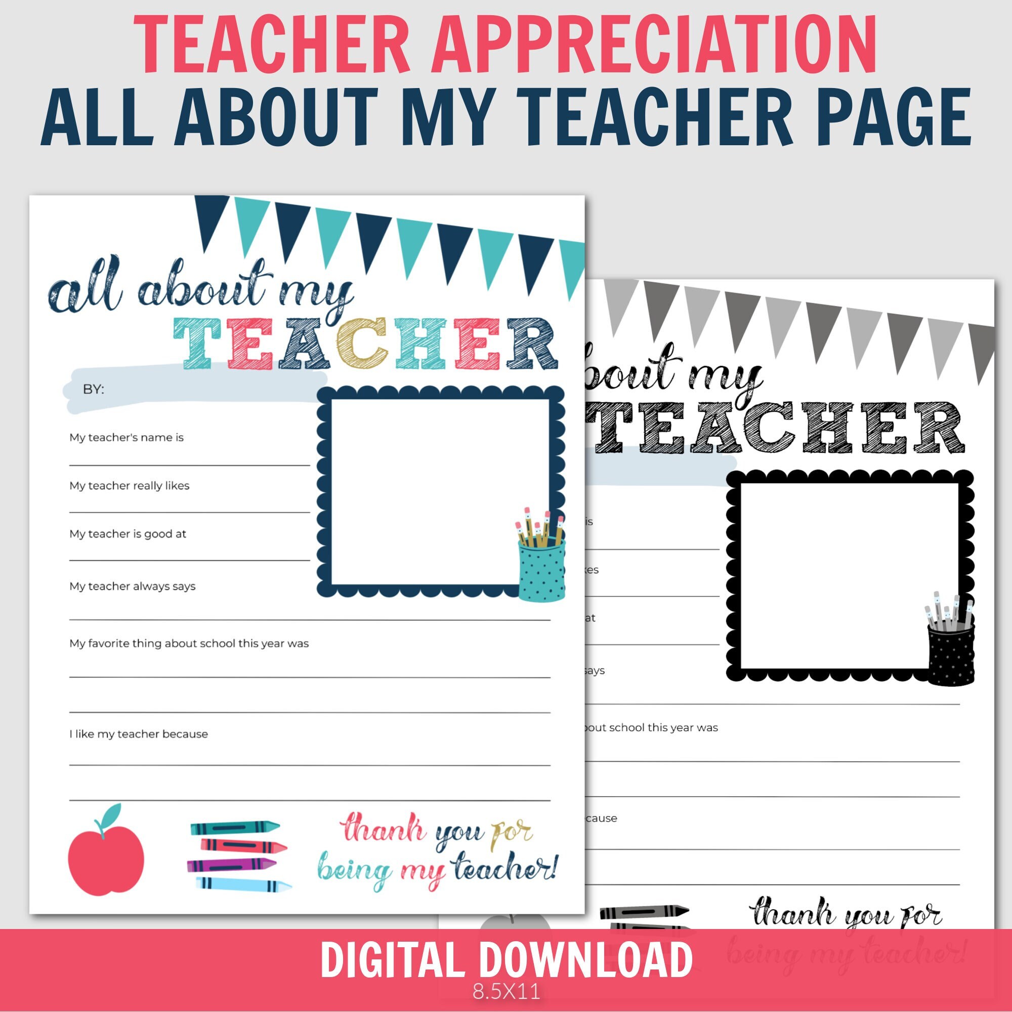 Teacher Appreciation Week Printable, All About My Teacher Fill in the ...