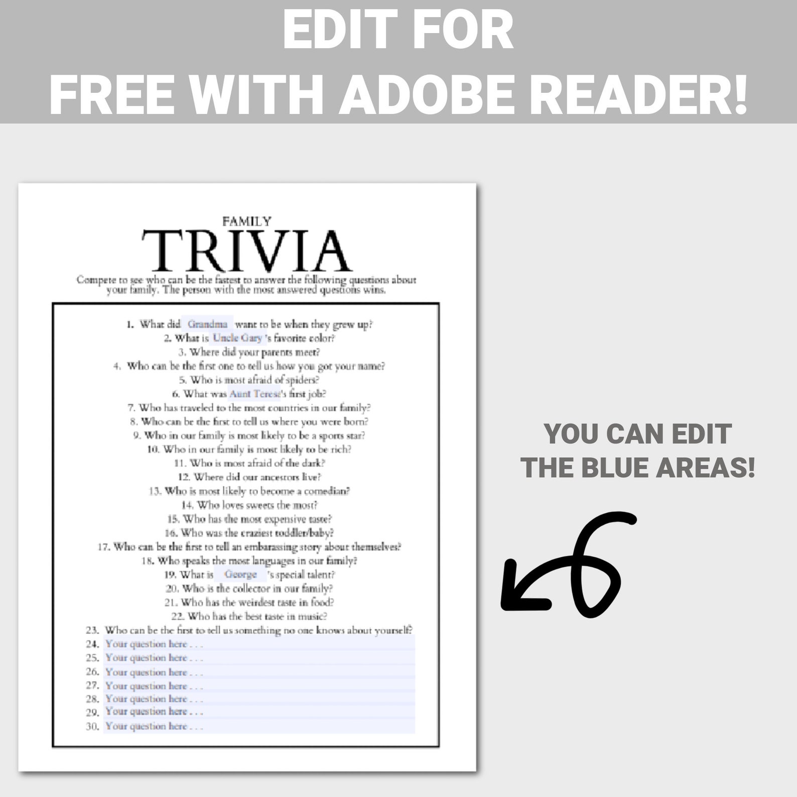 Family Reunion Trivia Game, Family Game Night, Editable Family Reunion ...