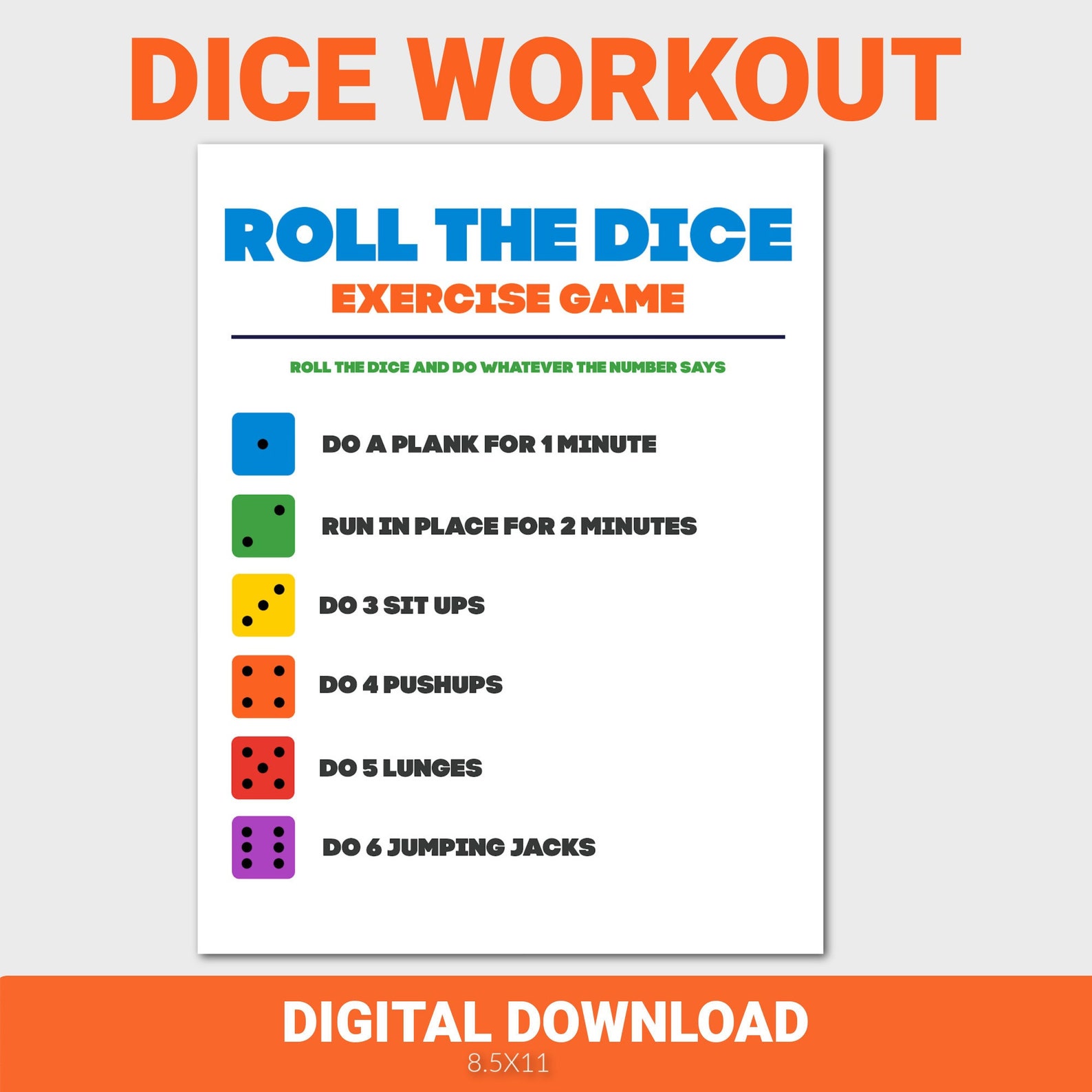 Workout Dice Game, Brain Break, Roll the Dice Workout for Kids, Kids ...