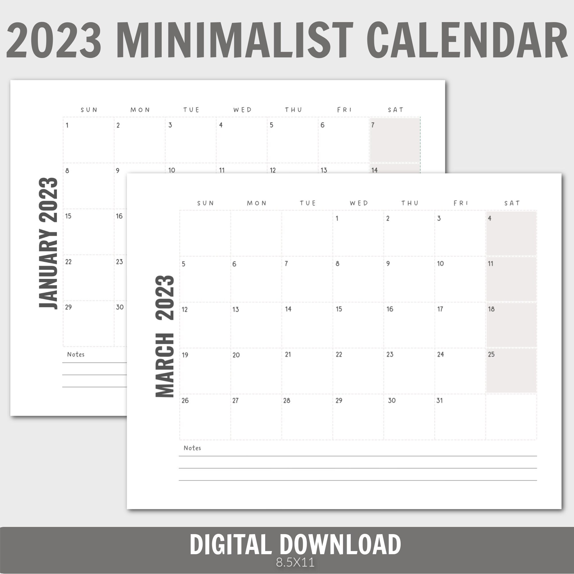 2023 Printable Minimalist Calendar, Monthly Calendar, 8.5x11, PDF - Etsy