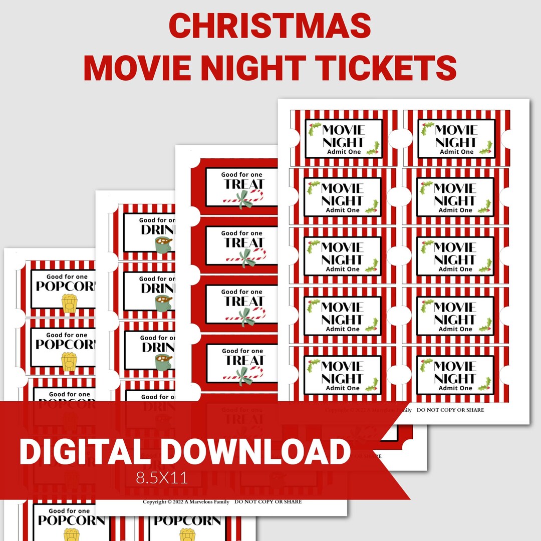 Printable Christmas Movie Night Tickets, Family Movie, Snack (PDF) - Etsy