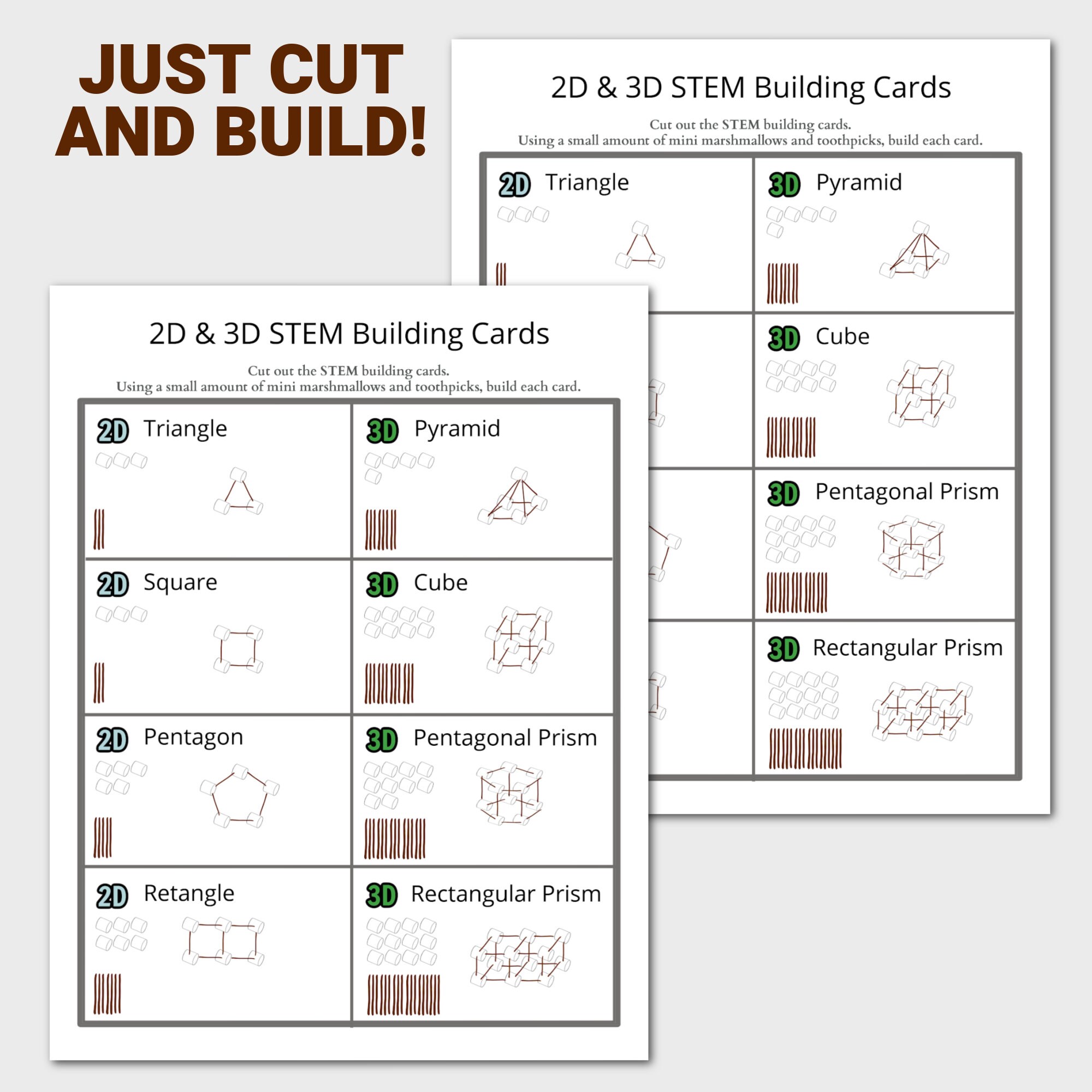 Marshmallow Toothpick STEM Building Cards, 2D 3D Engineering (digital ...