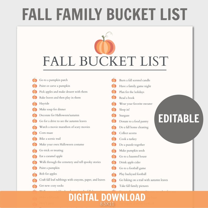 Editable Fall Bucket List, Fall Checklist, Family Family Activities ...