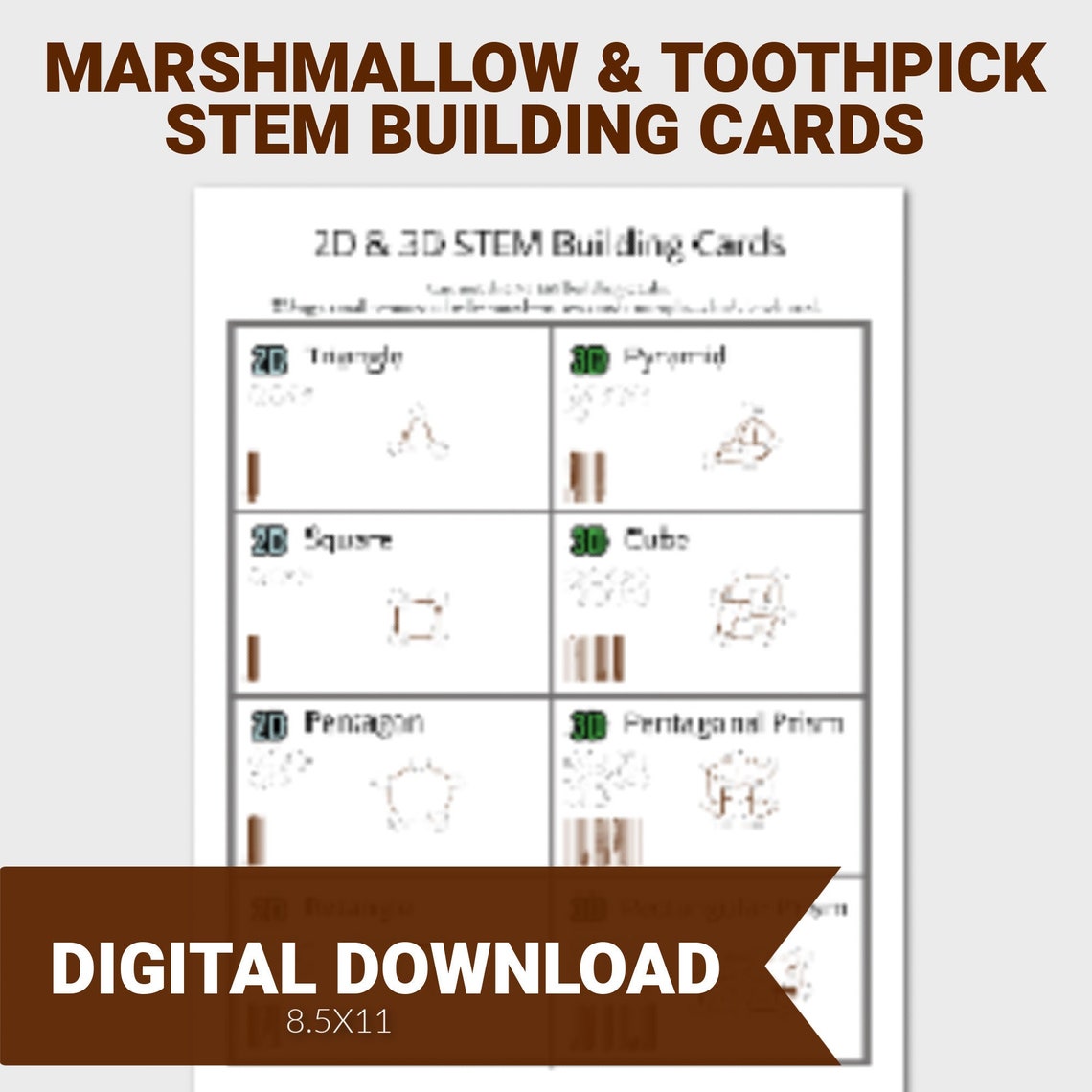 Marshmallow Toothpick STEM Building Cards, 2D 3D Engineering (digital ...