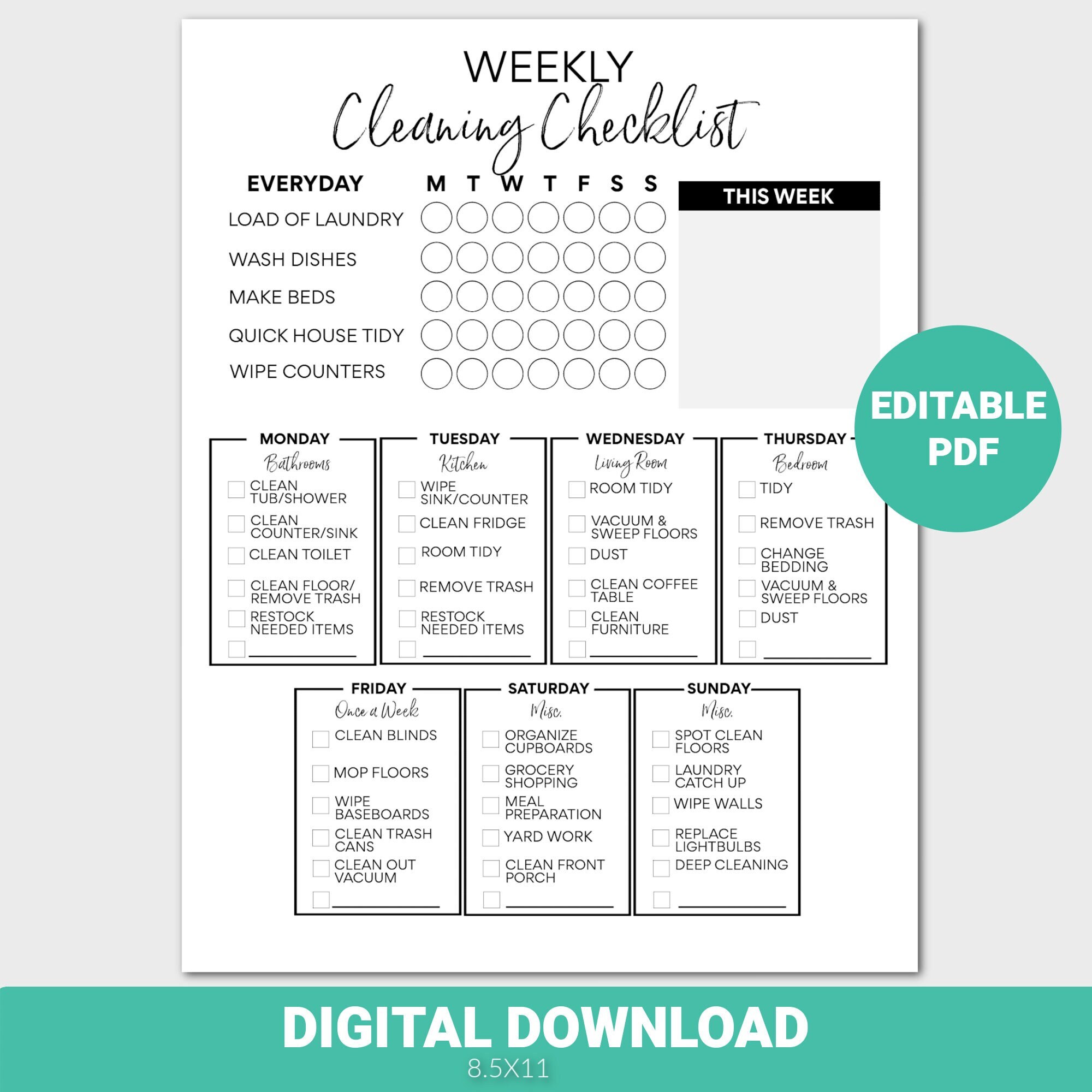 Editable Cleaning Schedule, Weekly Cleaning Checklist, Cleaning Planner ...