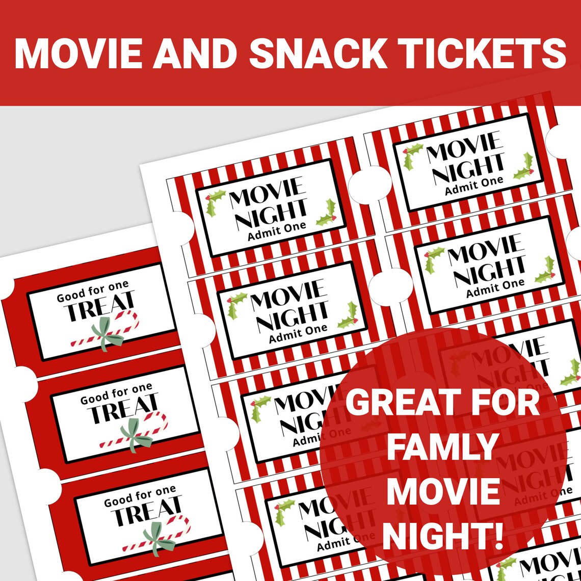 Printable Christmas Movie Night Admission Tickets, Christmas Movie ...