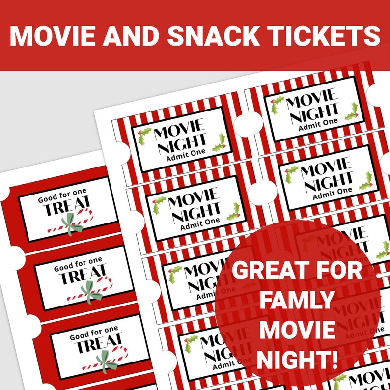 Printable Christmas Movie Night Admission Tickets, Christmas Movie ...