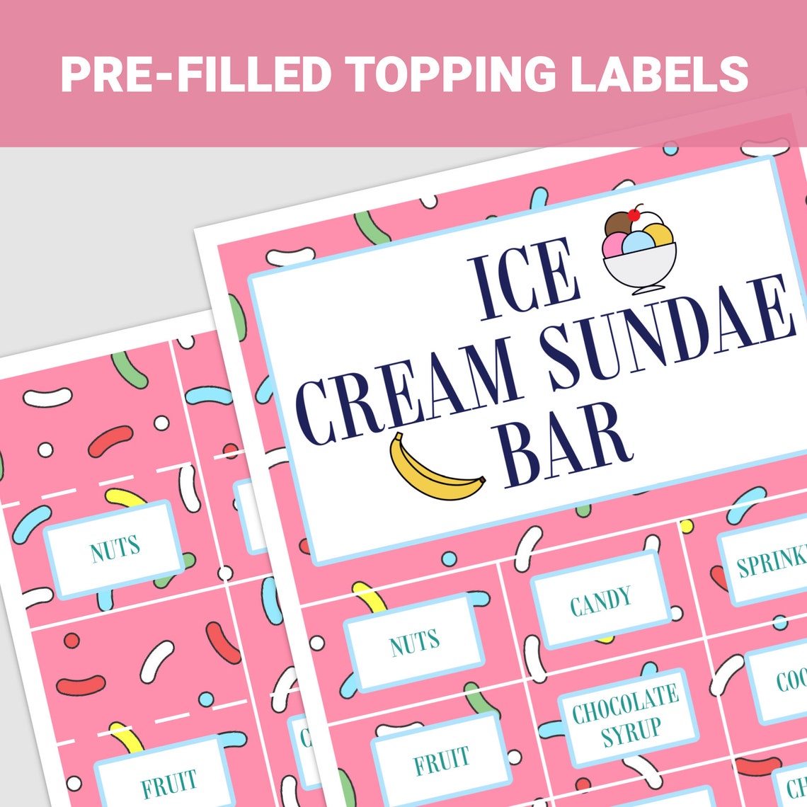 Ice Cream Bar Sign and Topping Labels, Ice Cream Bar Sprinkles, Pink ...
