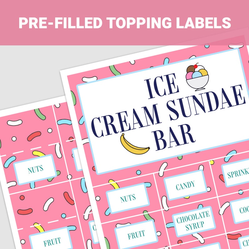 Ice Cream Bar Sign and Topping Labels, Ice Cream Bar Sprinkles, Pink ...