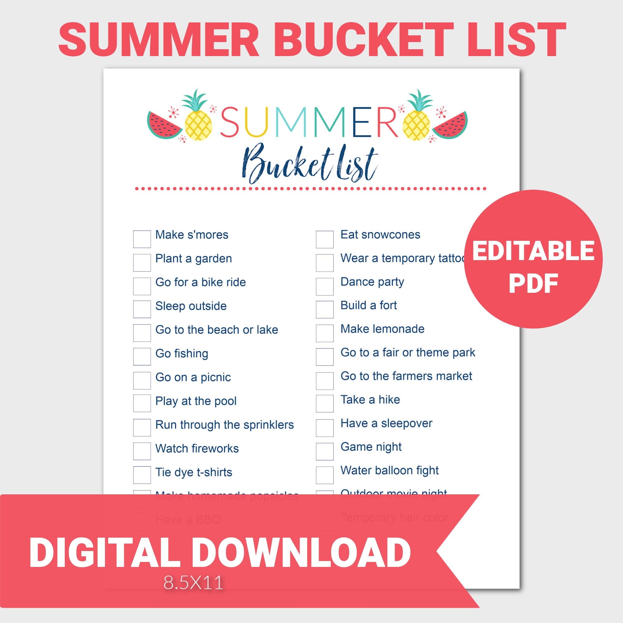 Editable Summer Bucket List, Bucket List Printable, Summer Checklist ...