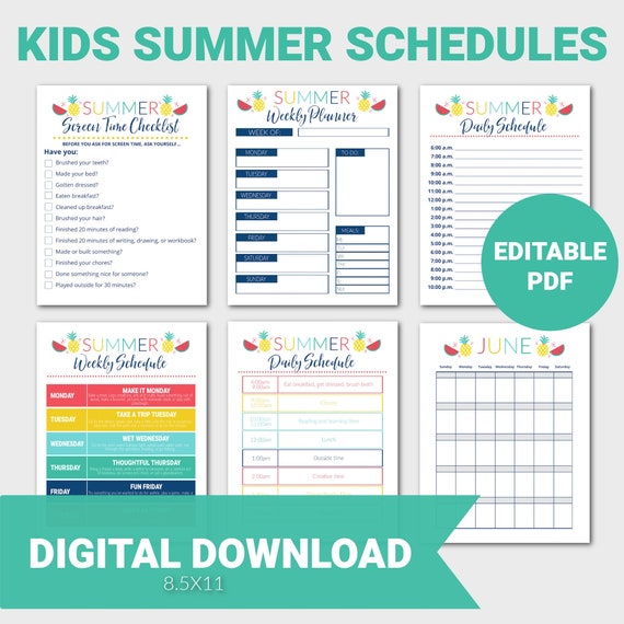Kids Summer Schedule Kids Schedule Summer Calendar Editable - Etsy