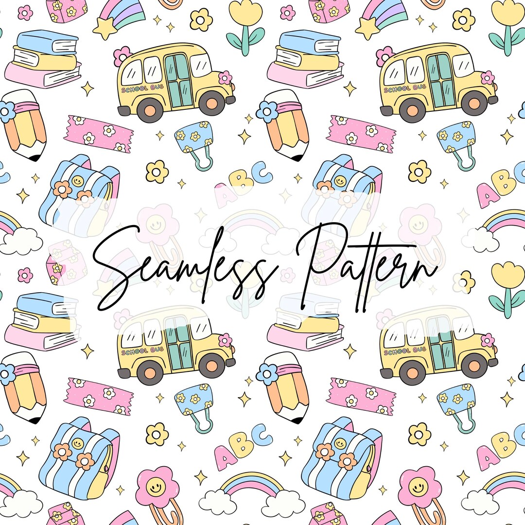 Seamless Pattern - School Bus Pastel Retro Backpack Cute Kids Pencil ...