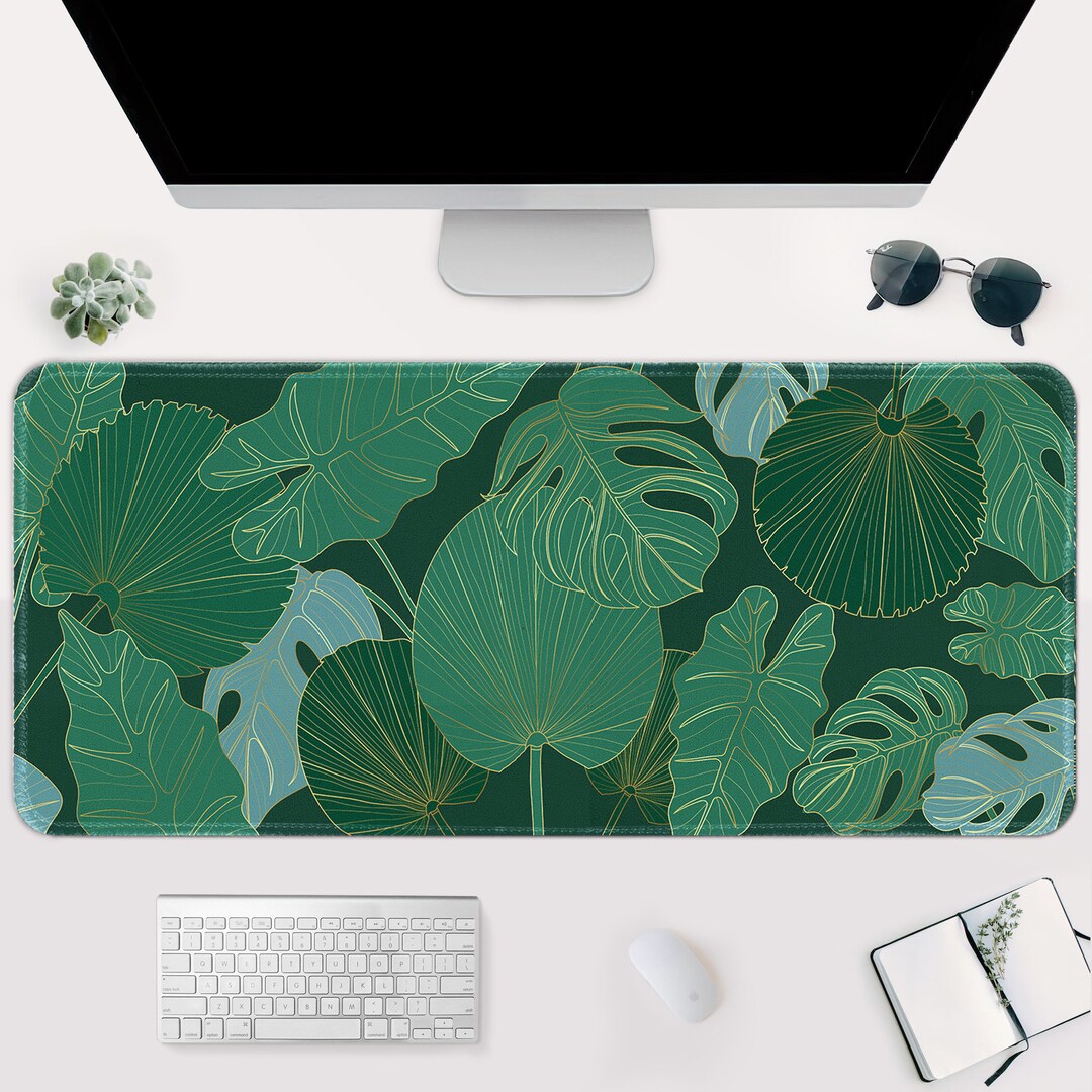 Gold Line Art and Green Plants Nature Mouse Pad, Dark Monstera Leaves ...