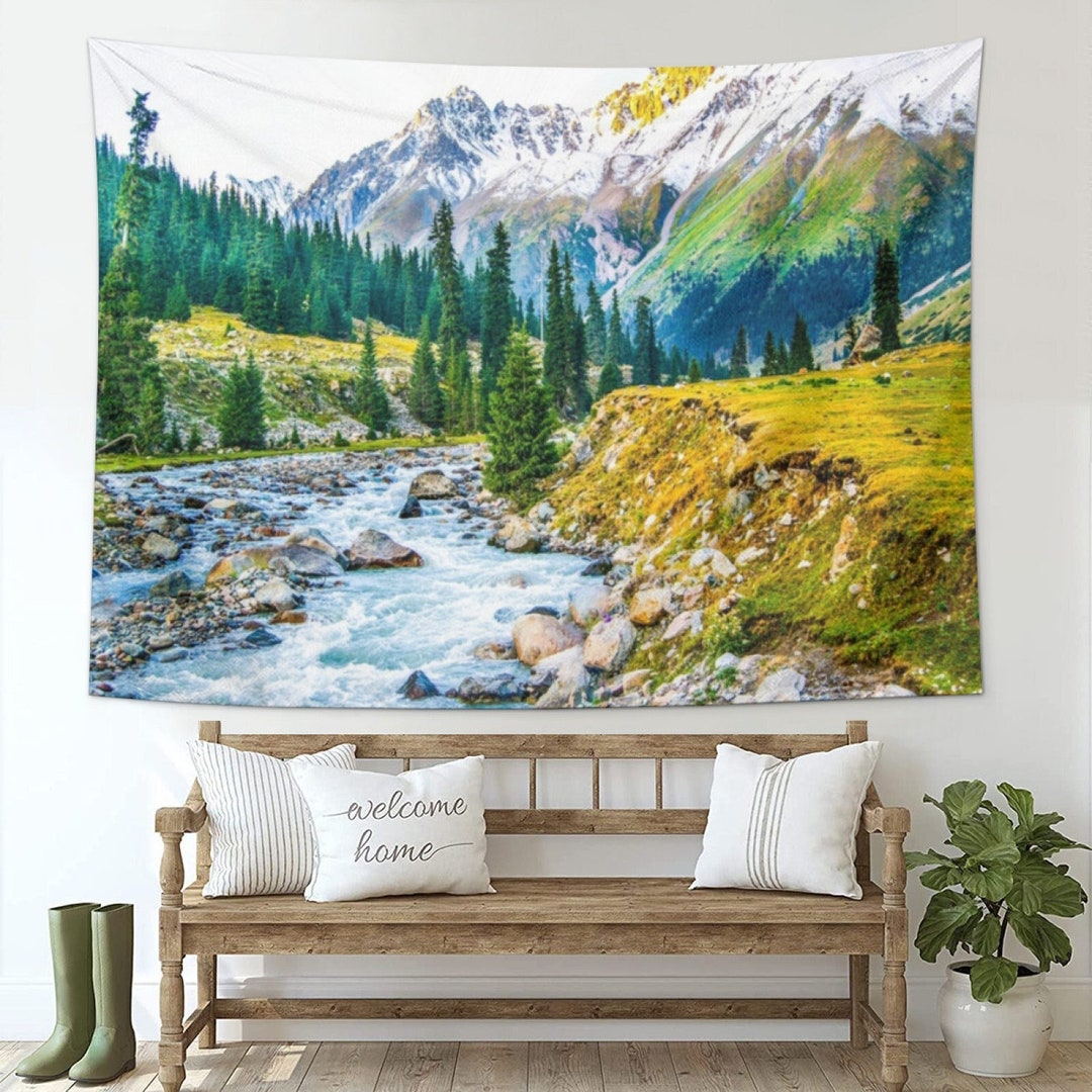 Green Mountain River Tapestry, Landscape Plant Forest Wall Hanging ...