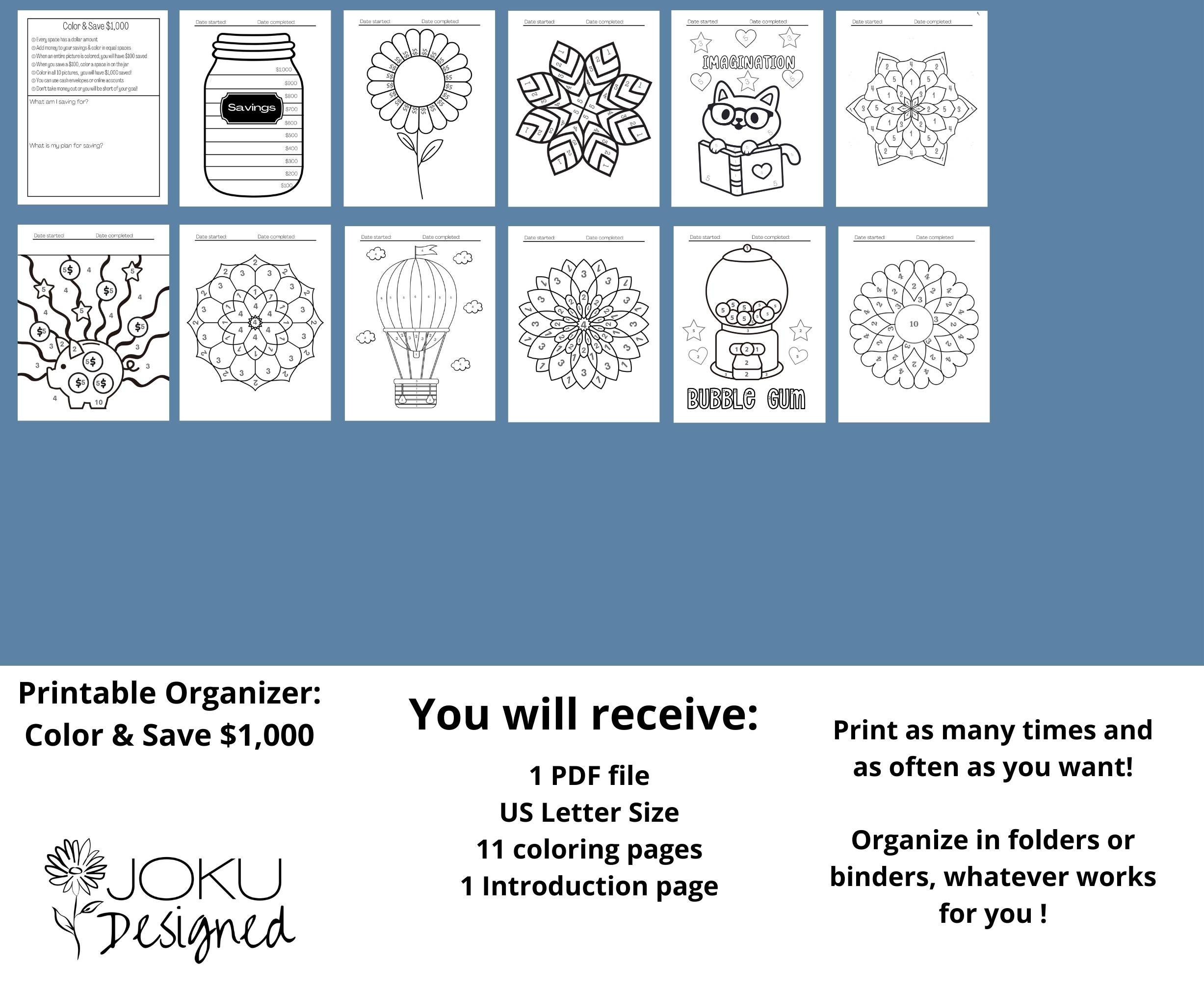 Color & Save 1,000 Money Saving Challenge Tracker Instant Download ...