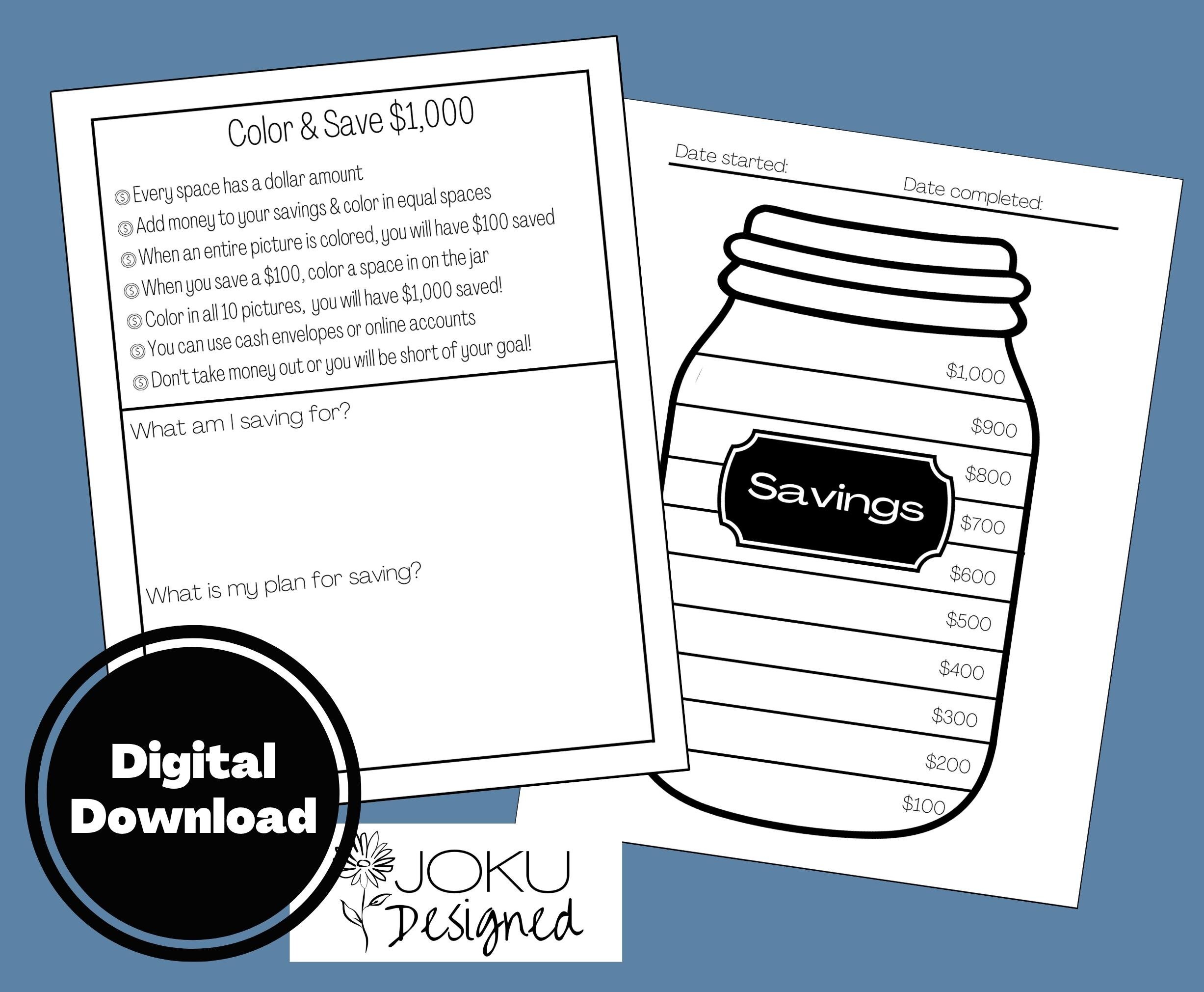 Color & Save 1,000 Money Saving Challenge Tracker Instant Download ...