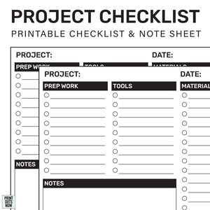 Project Checklist & Notepad Print Out Sheet for DIY Home Projects ...