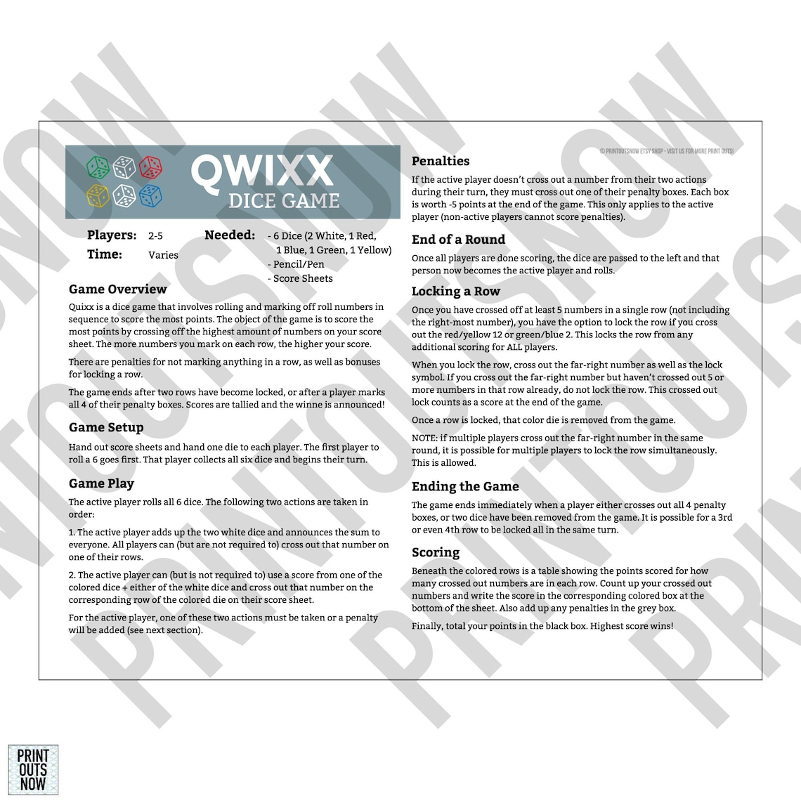 Printable QUIXX Dice Game Rules & Scoresheet - Instant Download Files ...